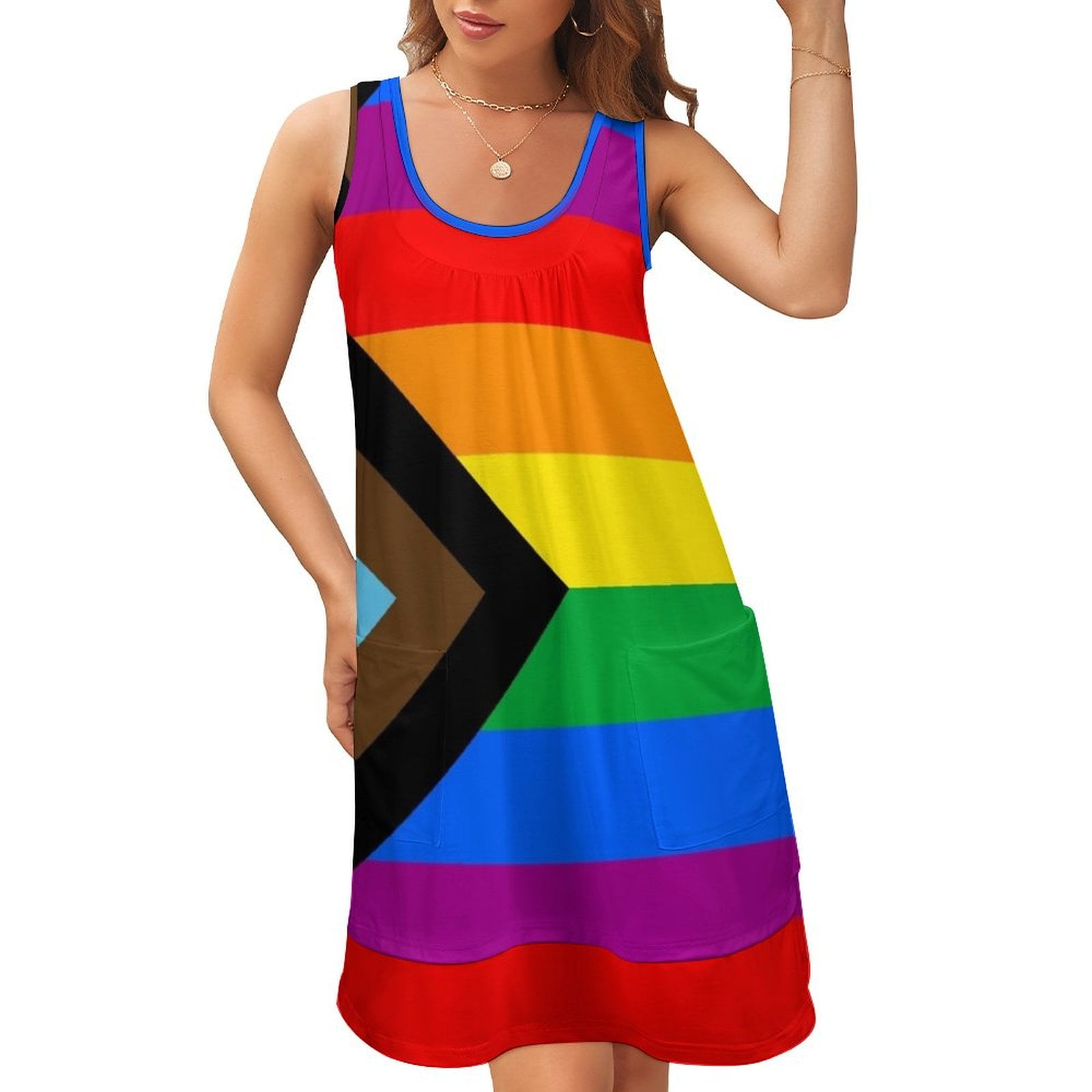 LGBTQ+ Progress Pride Flag Sleeveless U-Neck Fake Two Piece Dress ...