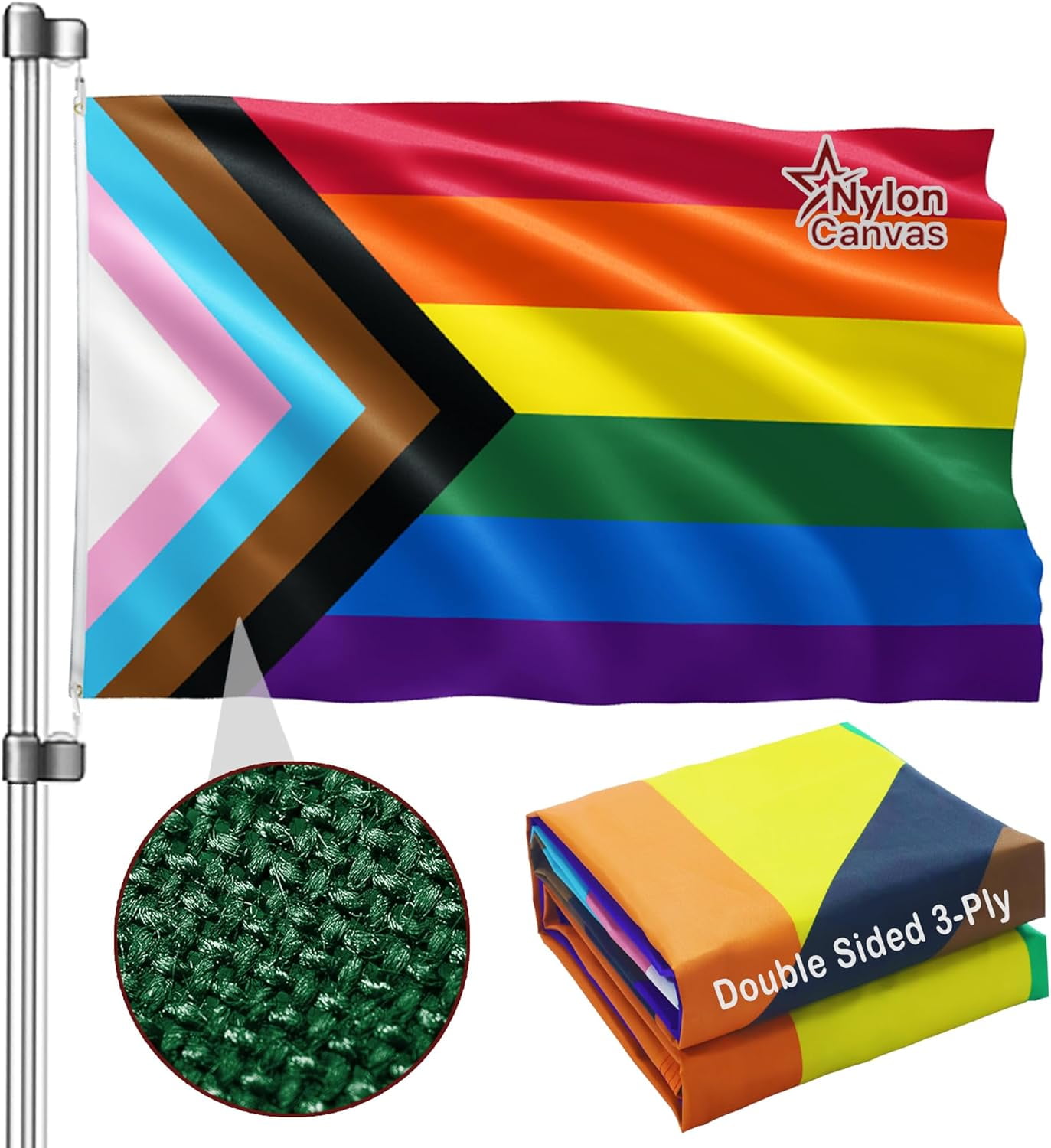 LGBTQ Progress Pride Rainbow Flag 3x5 Ft Double Sided 3Ply Heavy Duty Nylon Canvas With Brass ...