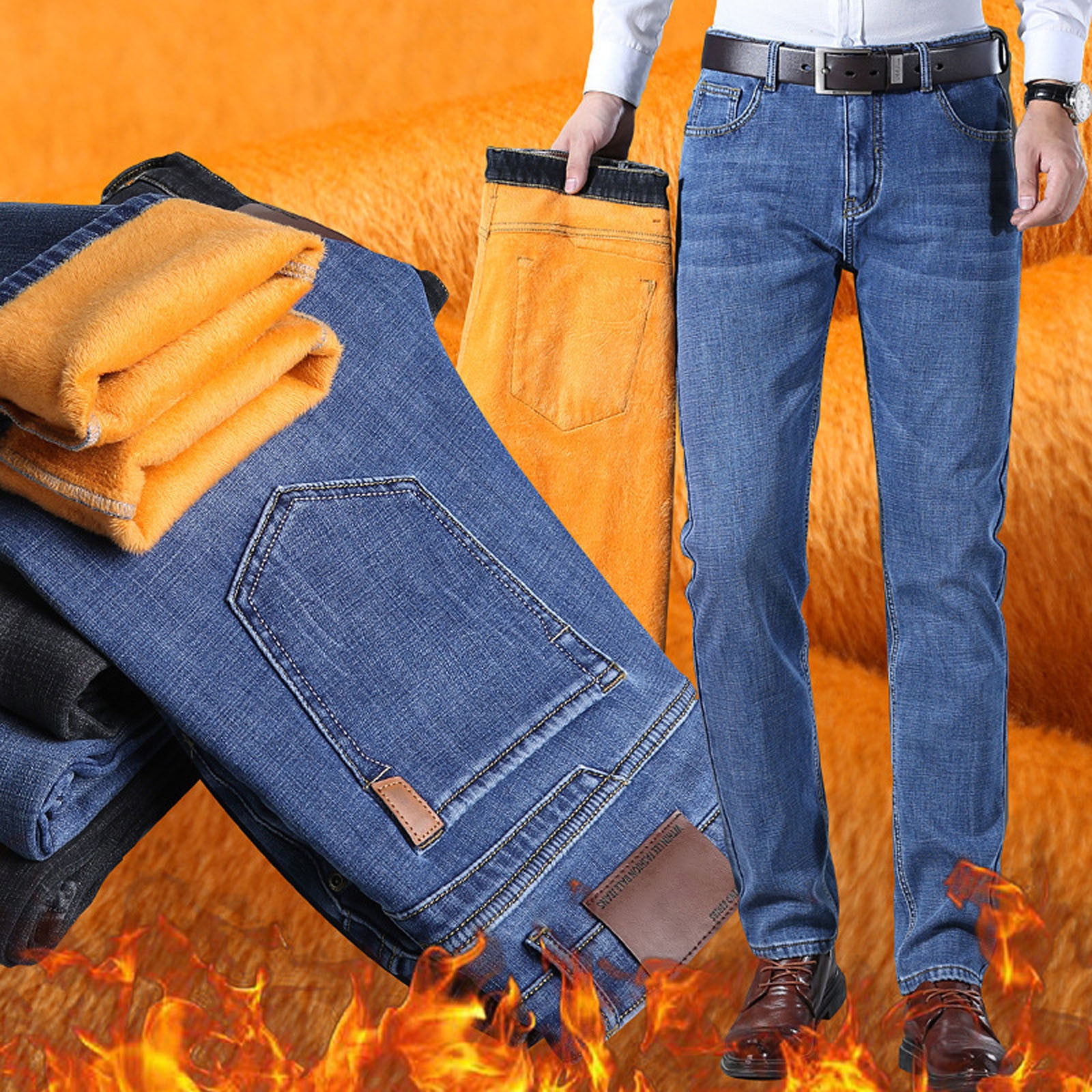 LGDBO Men's Thermal Lined Jeans Winter Thermal Flannel Lined Jean ...