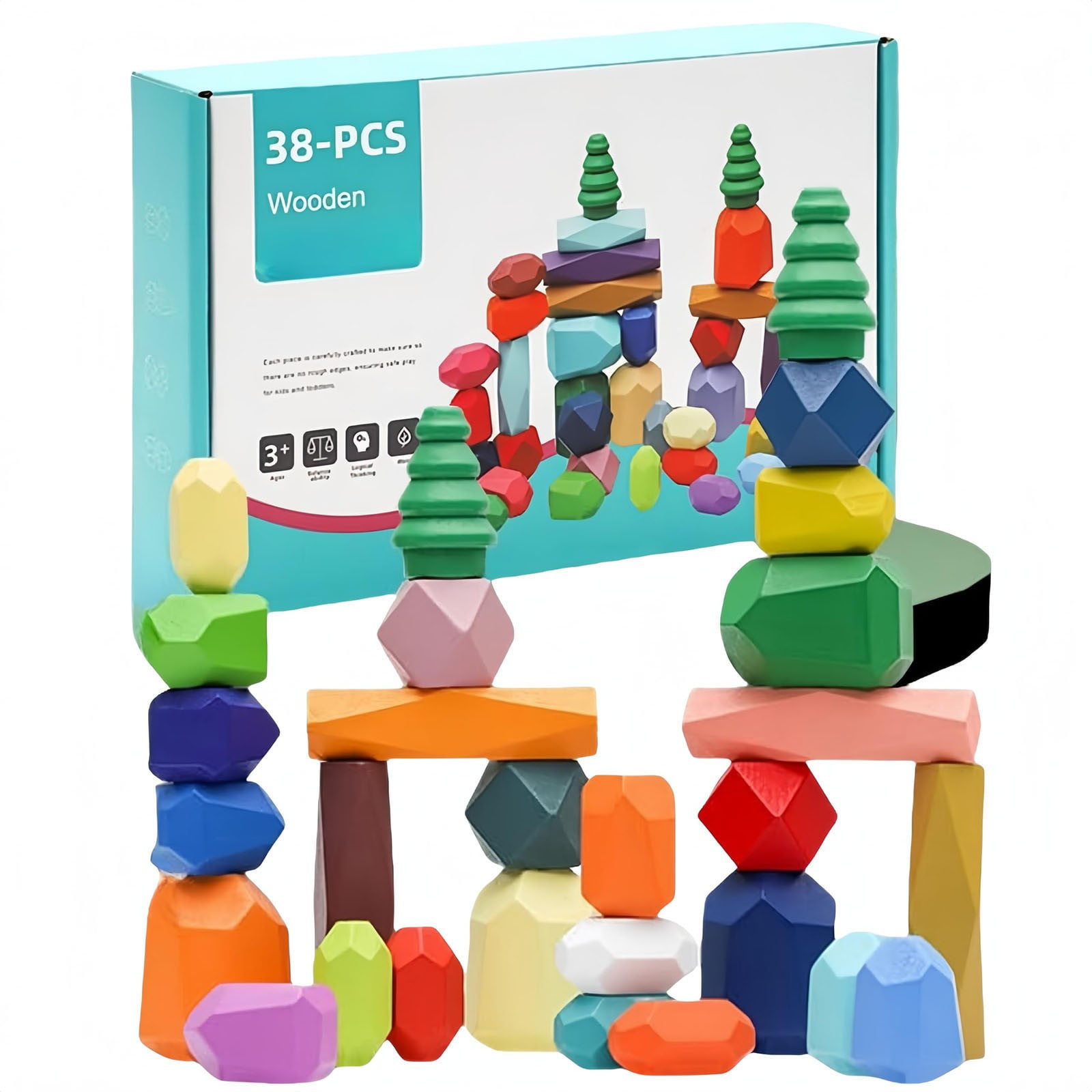 LGHDIWN 40 PCS Wooden Stacking Rocks Building Blocks Forest Theme ...