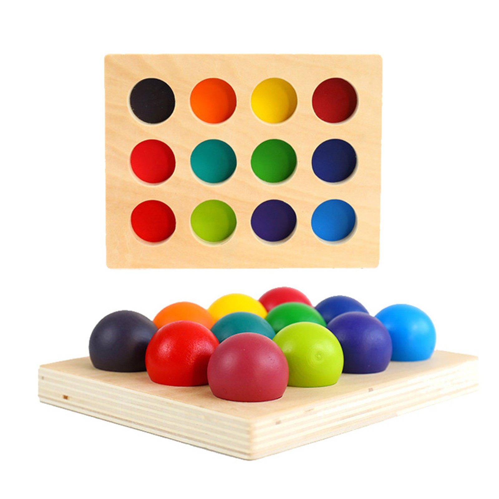 LGHDIWN Rainbow Wooden Balls with Tray, 12 Piece Sorting and Matching ...