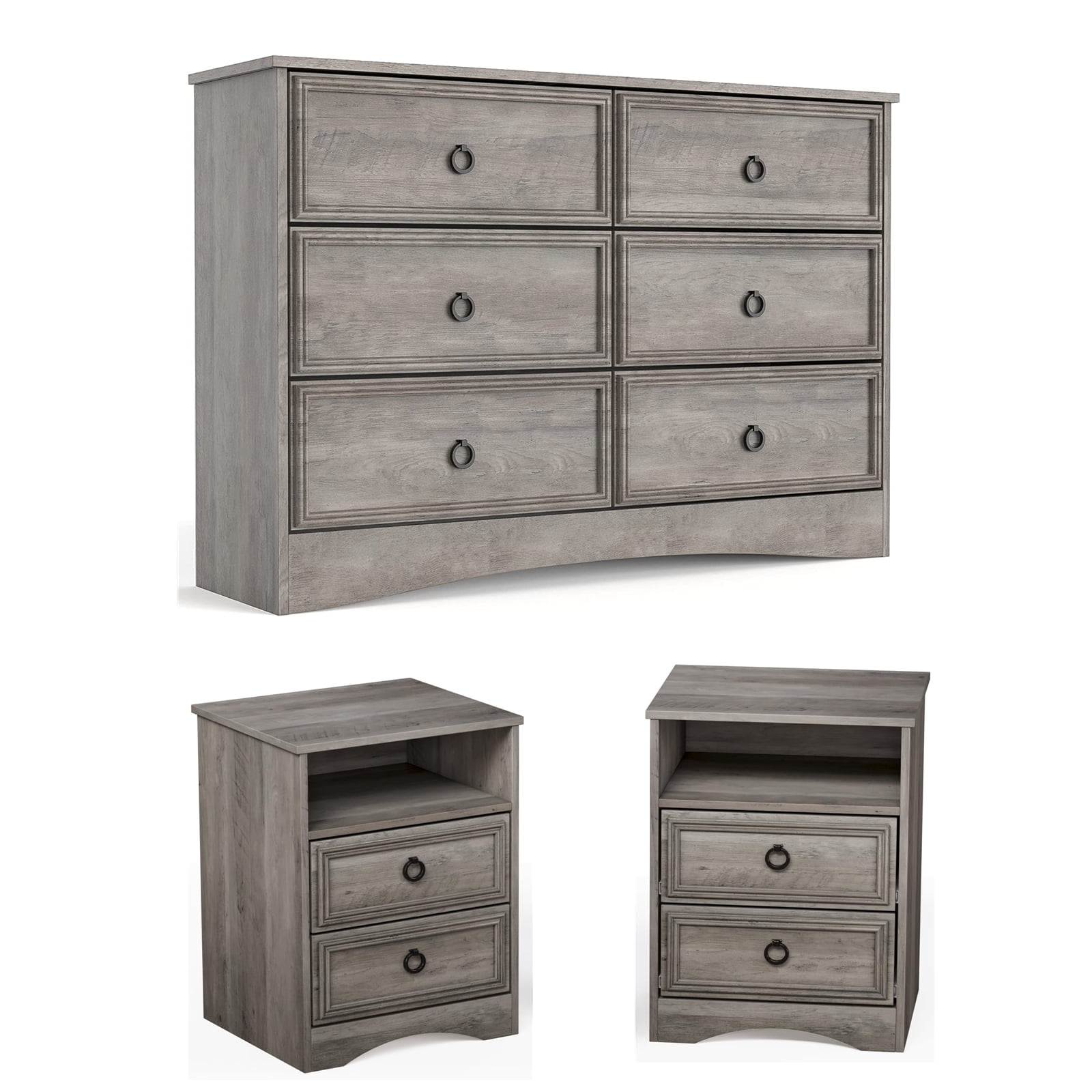 LGHM Wooden 3 Piece Bedroom Set: 6 Drawer Double Dresser & 2 Gray Wash ...