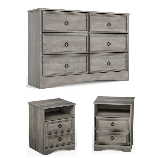 LGHM Wooden 3 Piece Bedroom Set: 6 Drawer Double Dresser & 2 Gray Wash ...