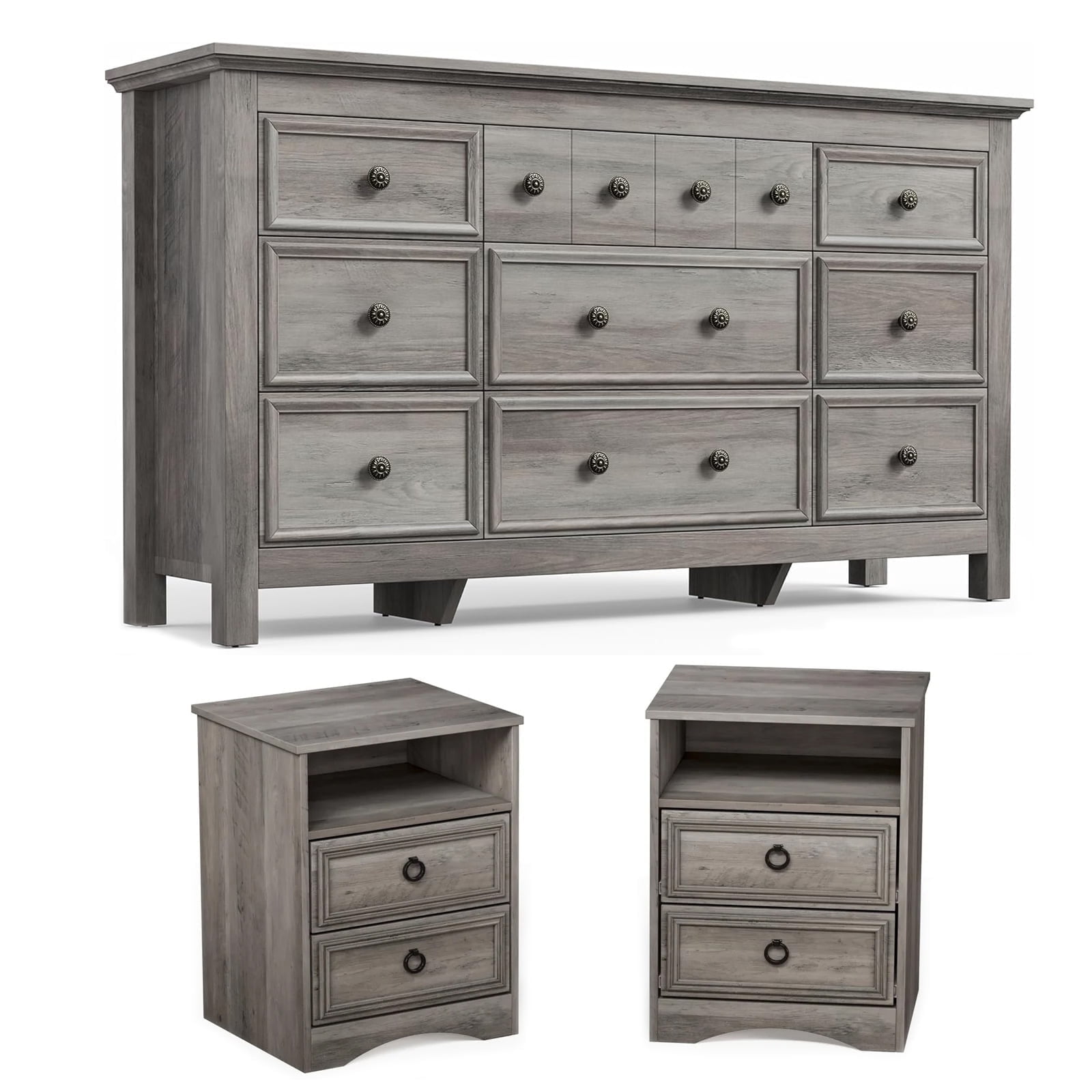 LGHM 3 Piece Bedroom Dresser Set, Long Drawer Dresser with 9 Drawers, 2 ...