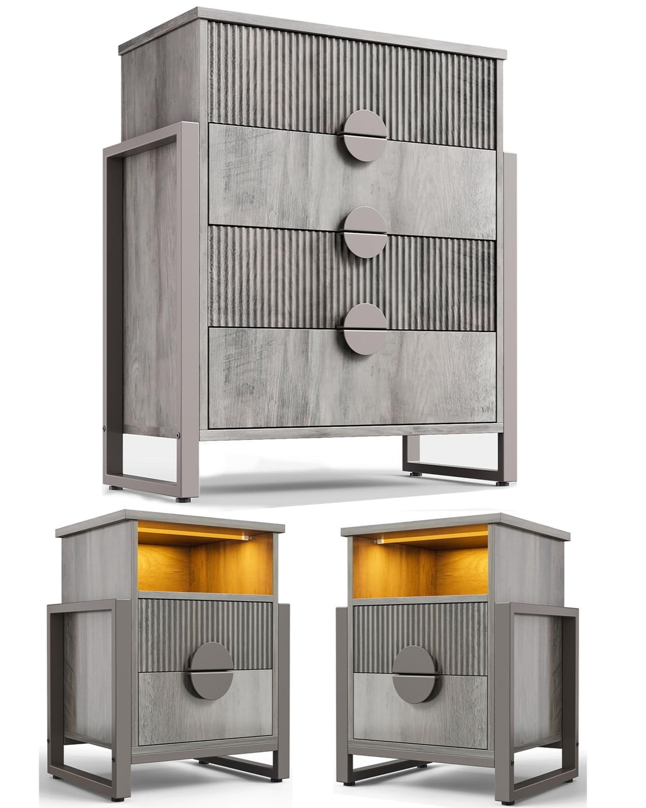 LGHM 3 Piece Bedroom Dresser and Nightstand Set, Fluted 4 Drawer ...