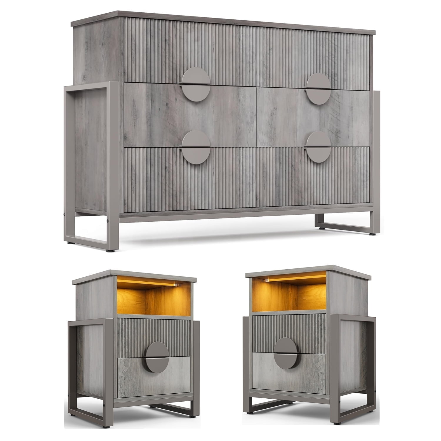 LGHM 3 Piece Bedroom Dresser and Nightstand Set, Fluted Wide Chest of ...