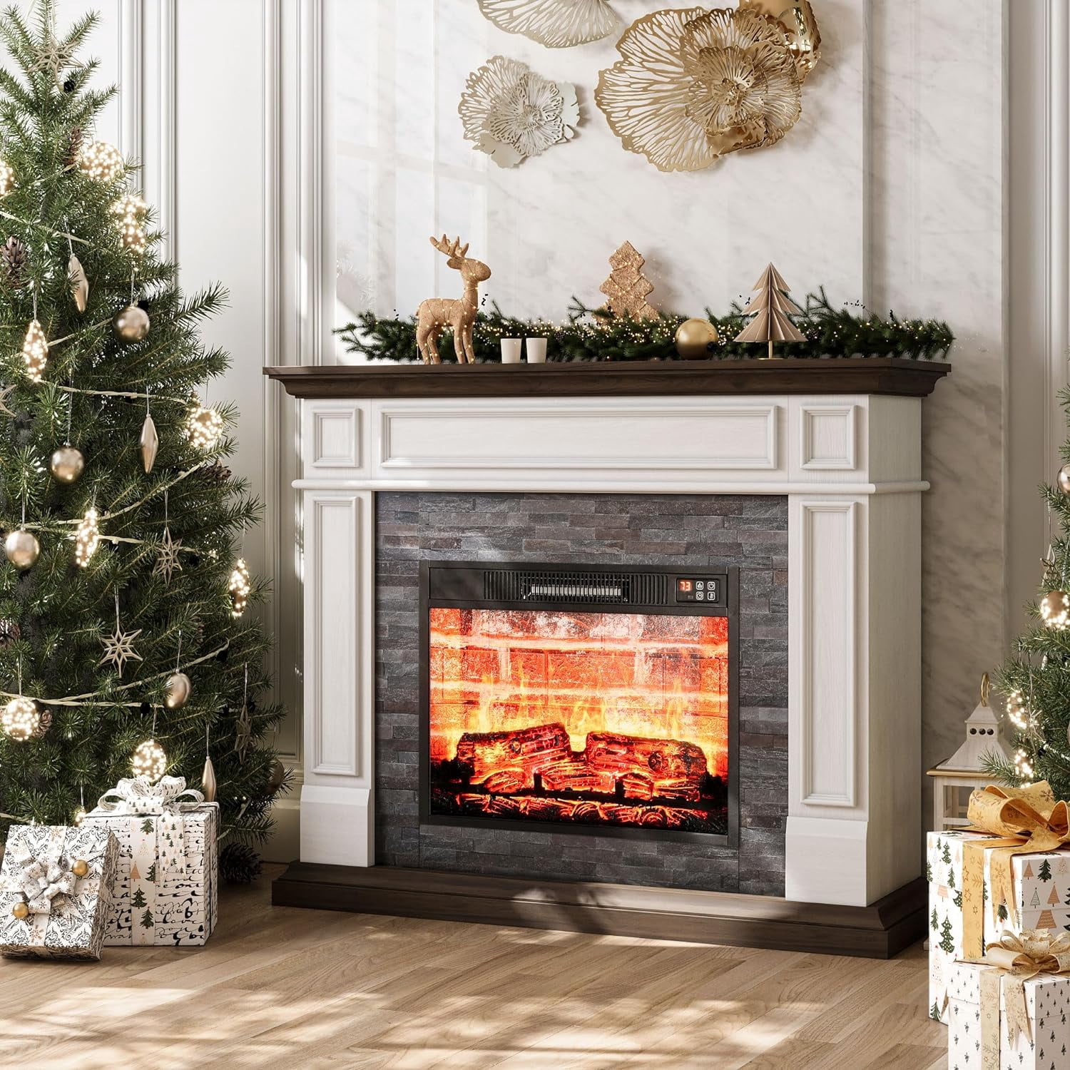 LGHM 44" Electric Fireplace with Mantel, Portable Freestanding Wood ...
