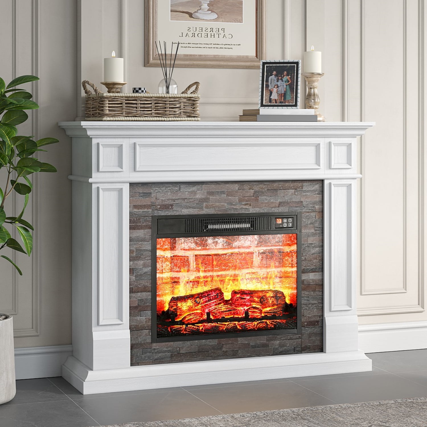 "LGHM 44"" Bedroom Electric Fireplace, Wooden Stone Surround, LED Flame ...