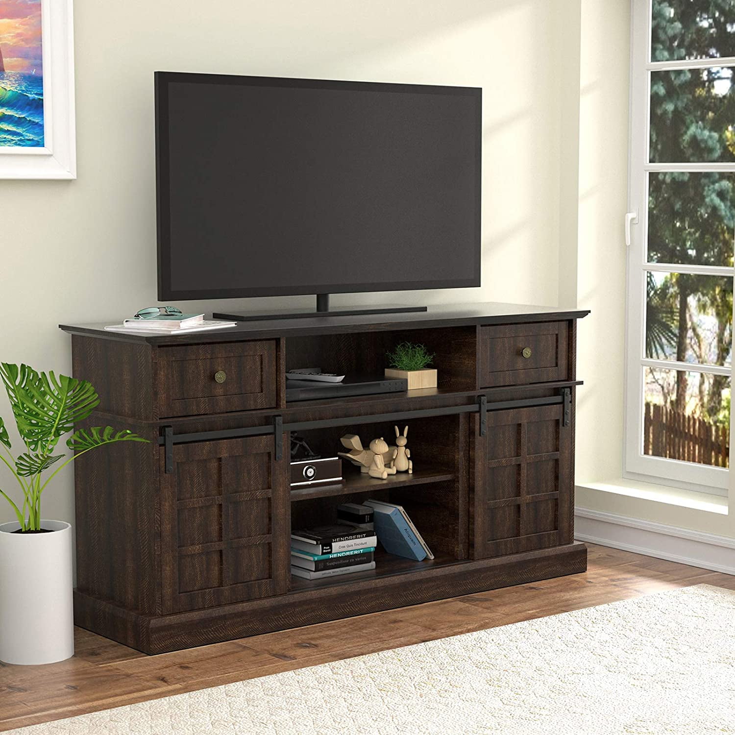 LGHM Farmhouse TV Stand, Wood Living Room TV Console for TVs up to 65 ...