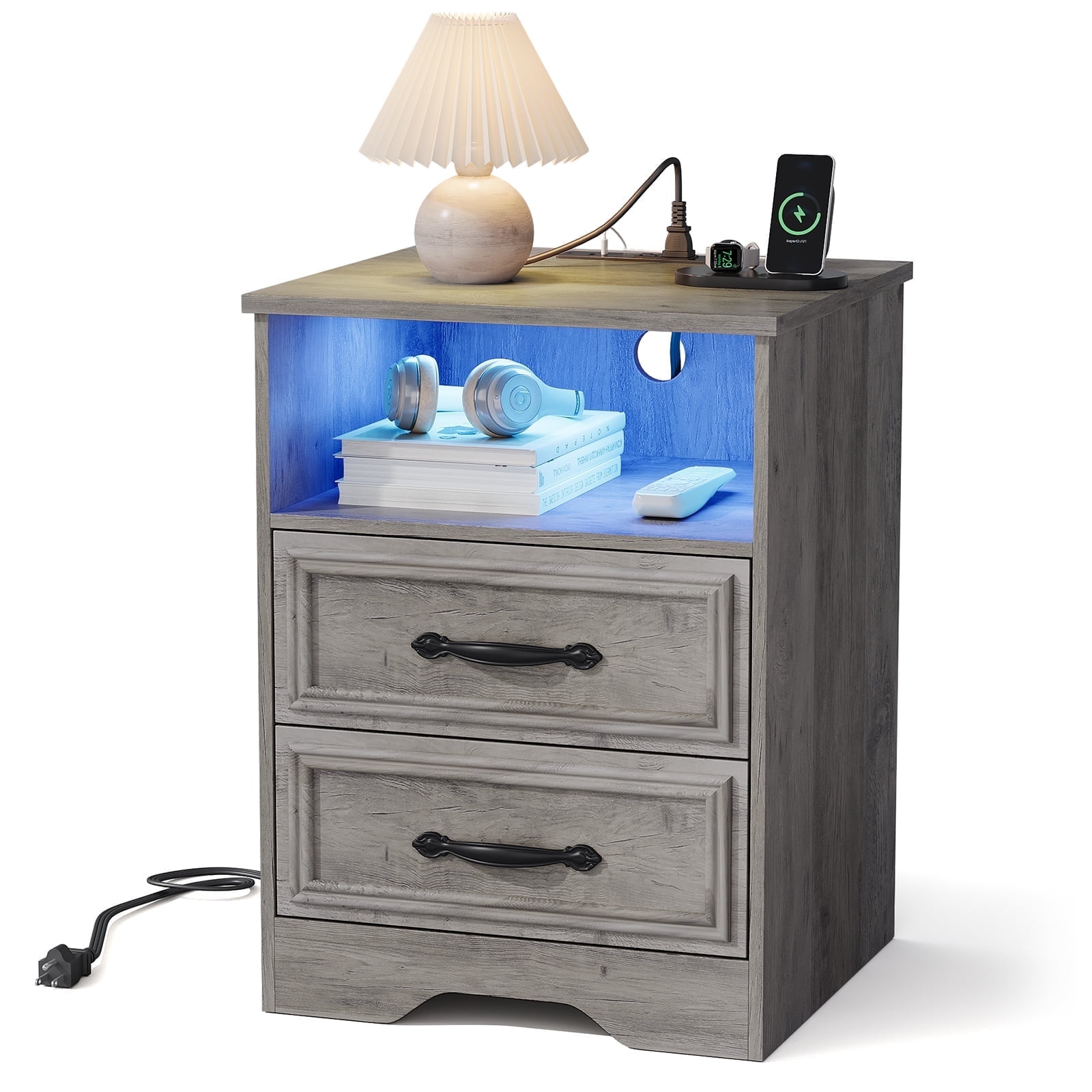 LGHM Nightstand with Outlets, Bedside Table with Charger and LED Lights ...