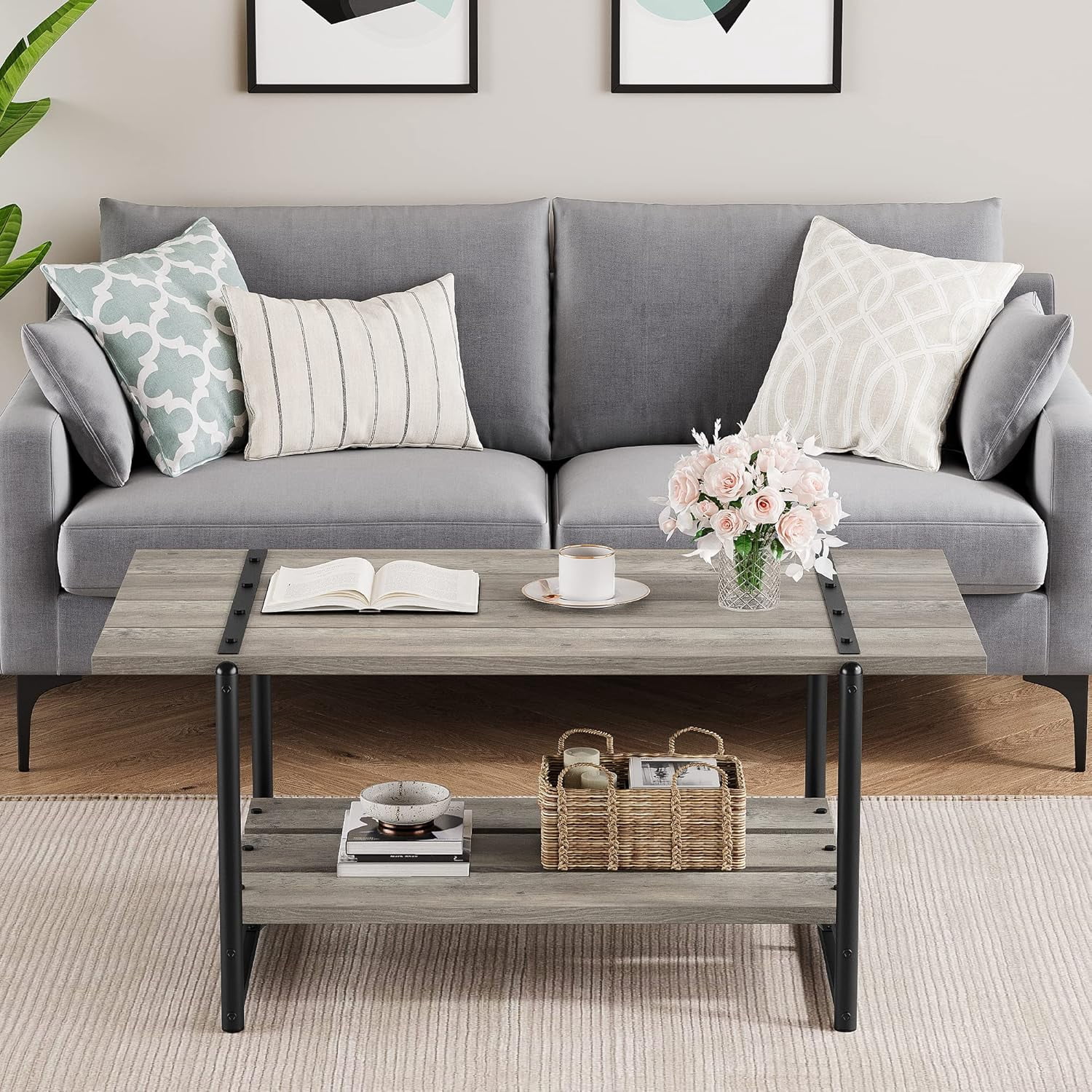 LGOOD 2-Tier Coffee Table with Storage Shelf, Farmhouse Coffee Table ...