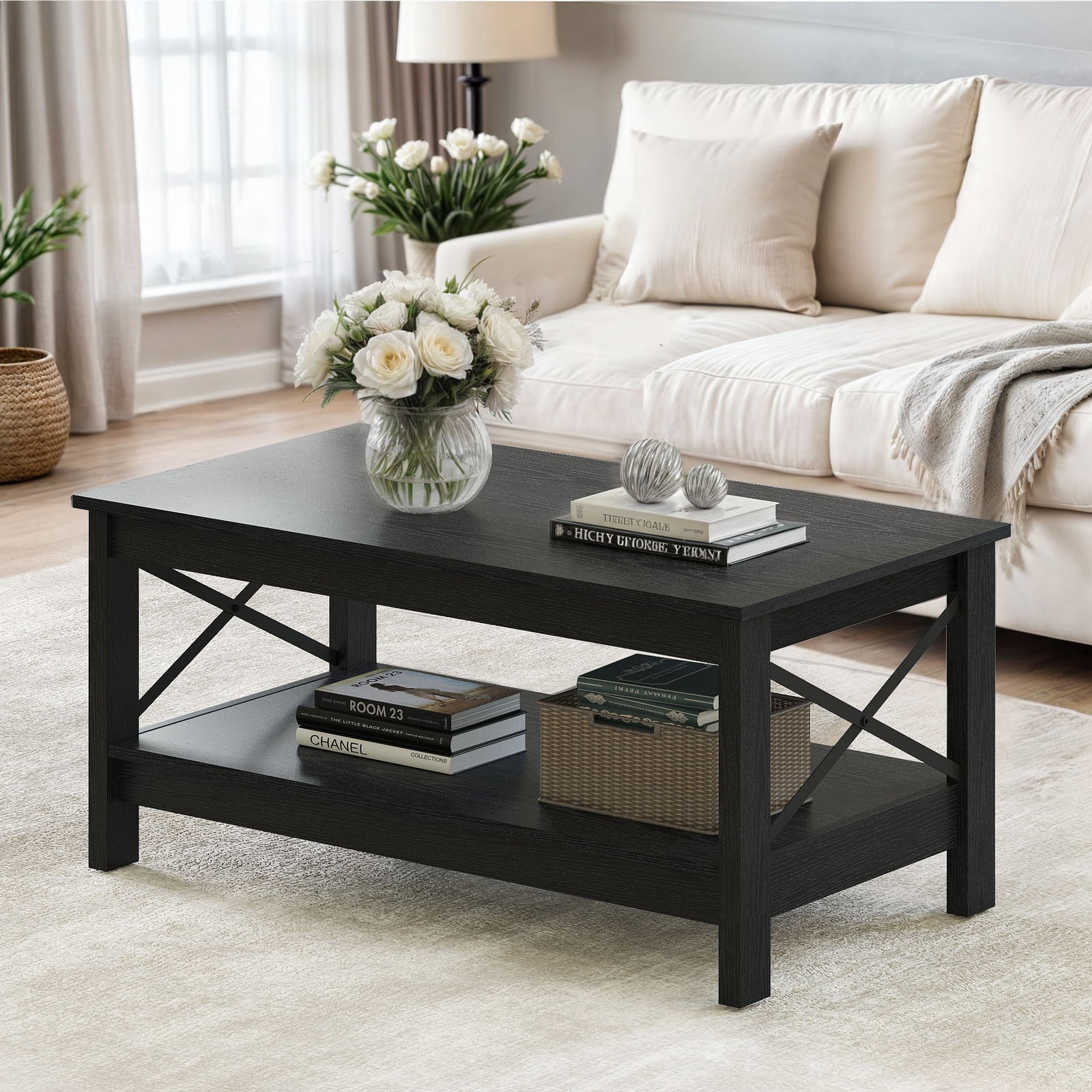 LGOOD 2-Tier Rectangle Coffee Table for Living Room Center Table w/ Storage Shelf Wood - Walmart.com