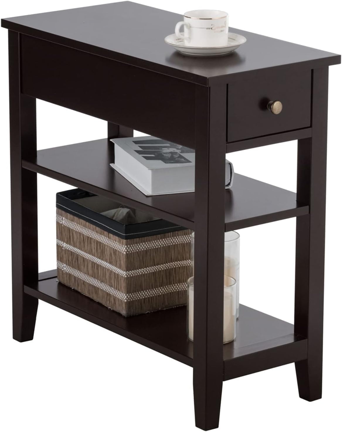 LGOOD Narrow Side Table, 3-Tier Bedside Table with Drawer & 2 Open ...