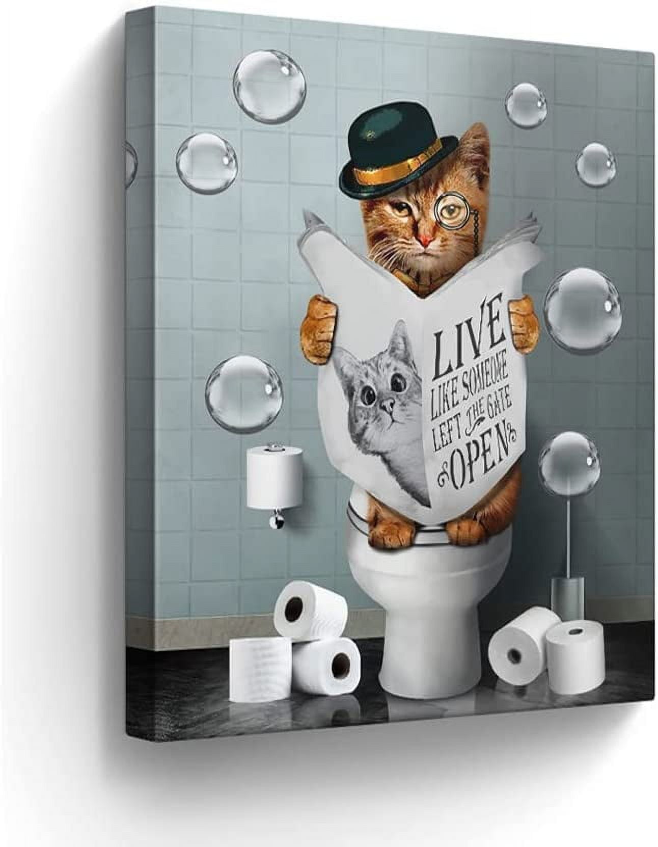 LH137HB-Bathroom Decor Canvas Wall Art Cute Cat Sitting in Toilet Reading Newspaper Pictures ...