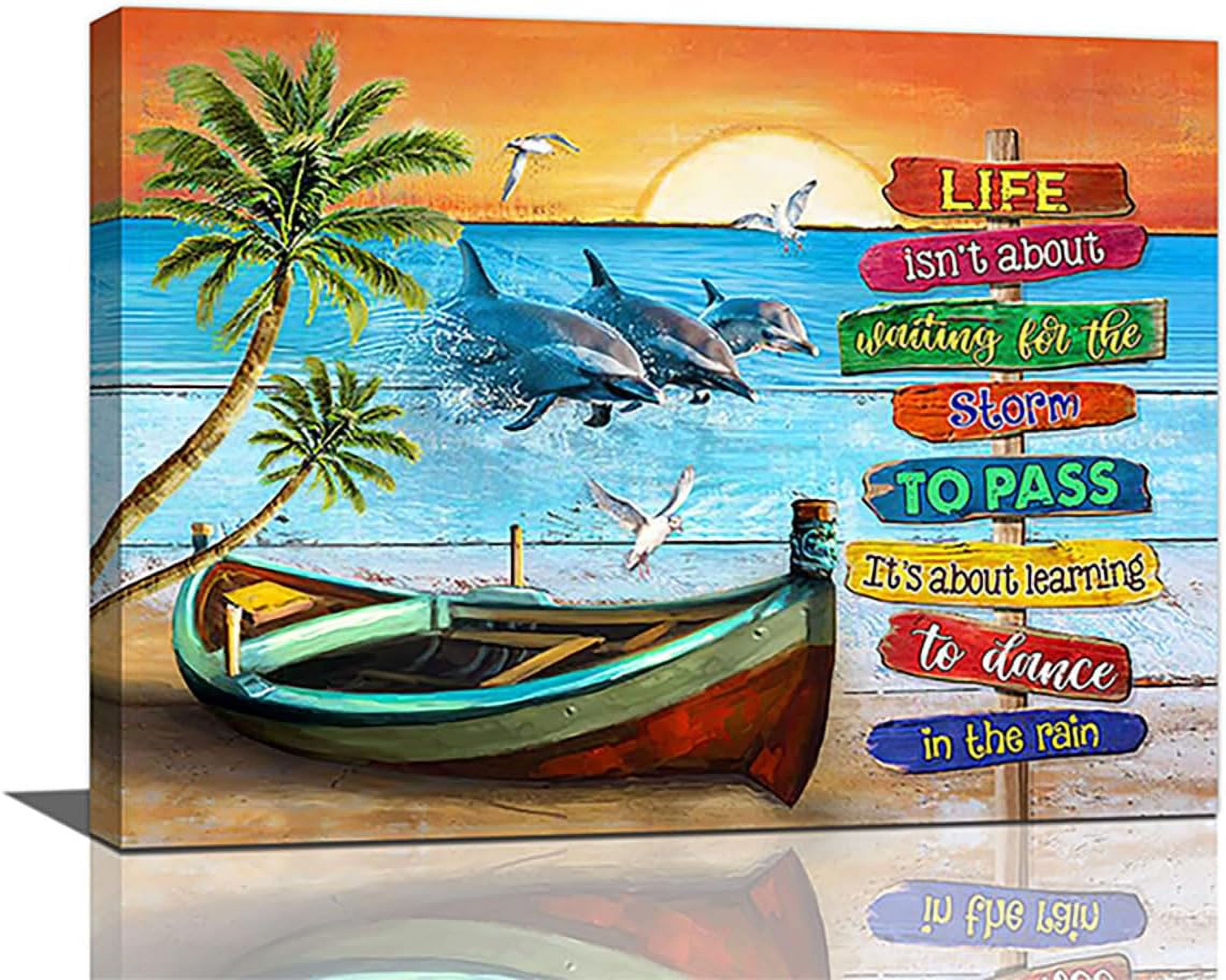 LH137HB-Beach Dolphins Decor Wall Art Coastal Dolphin Palm Boat Sunrise ...