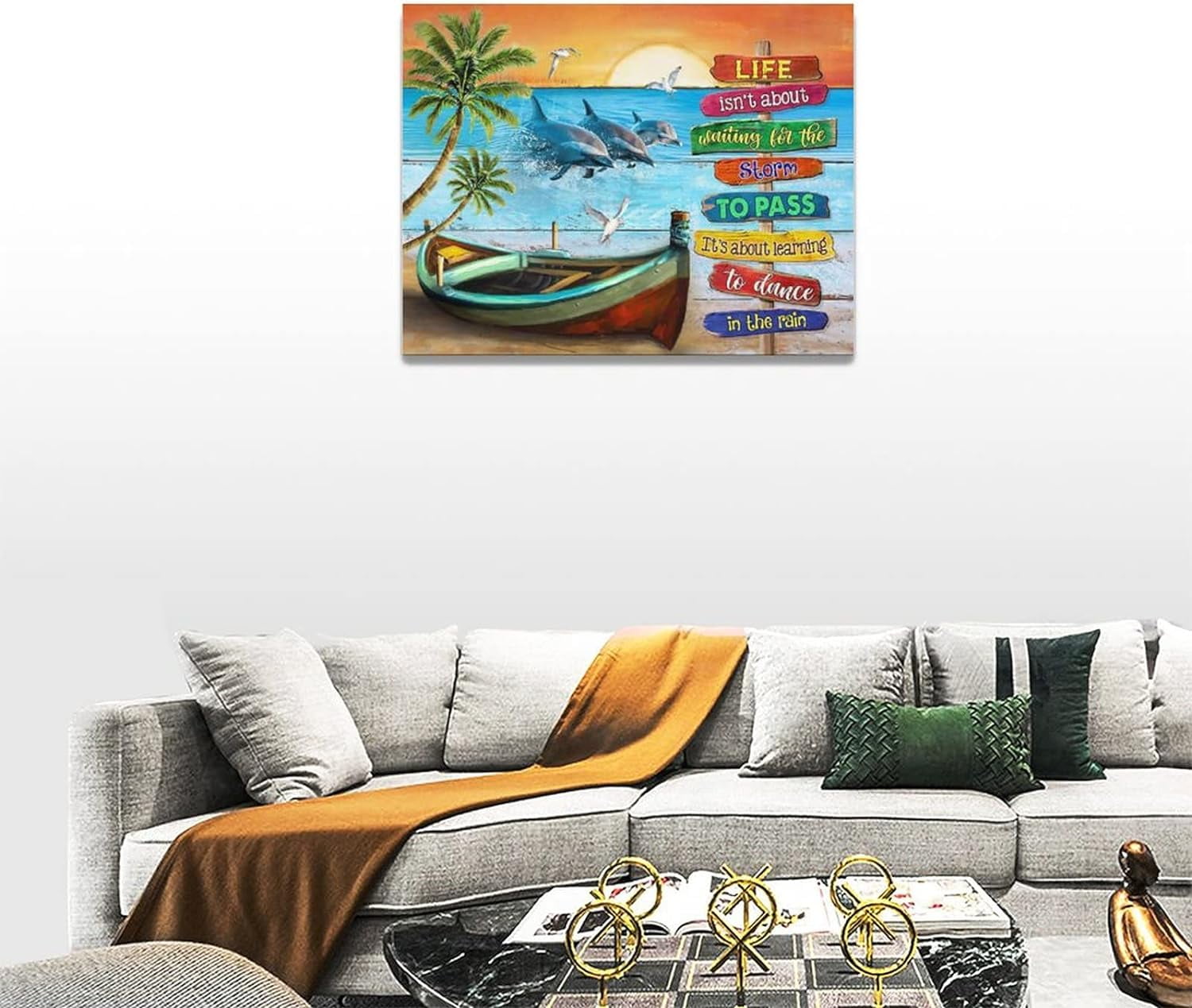 LH137HB-Beach Dolphins Decor Wall Art Coastal Dolphin Palm Boat Sunrise ...