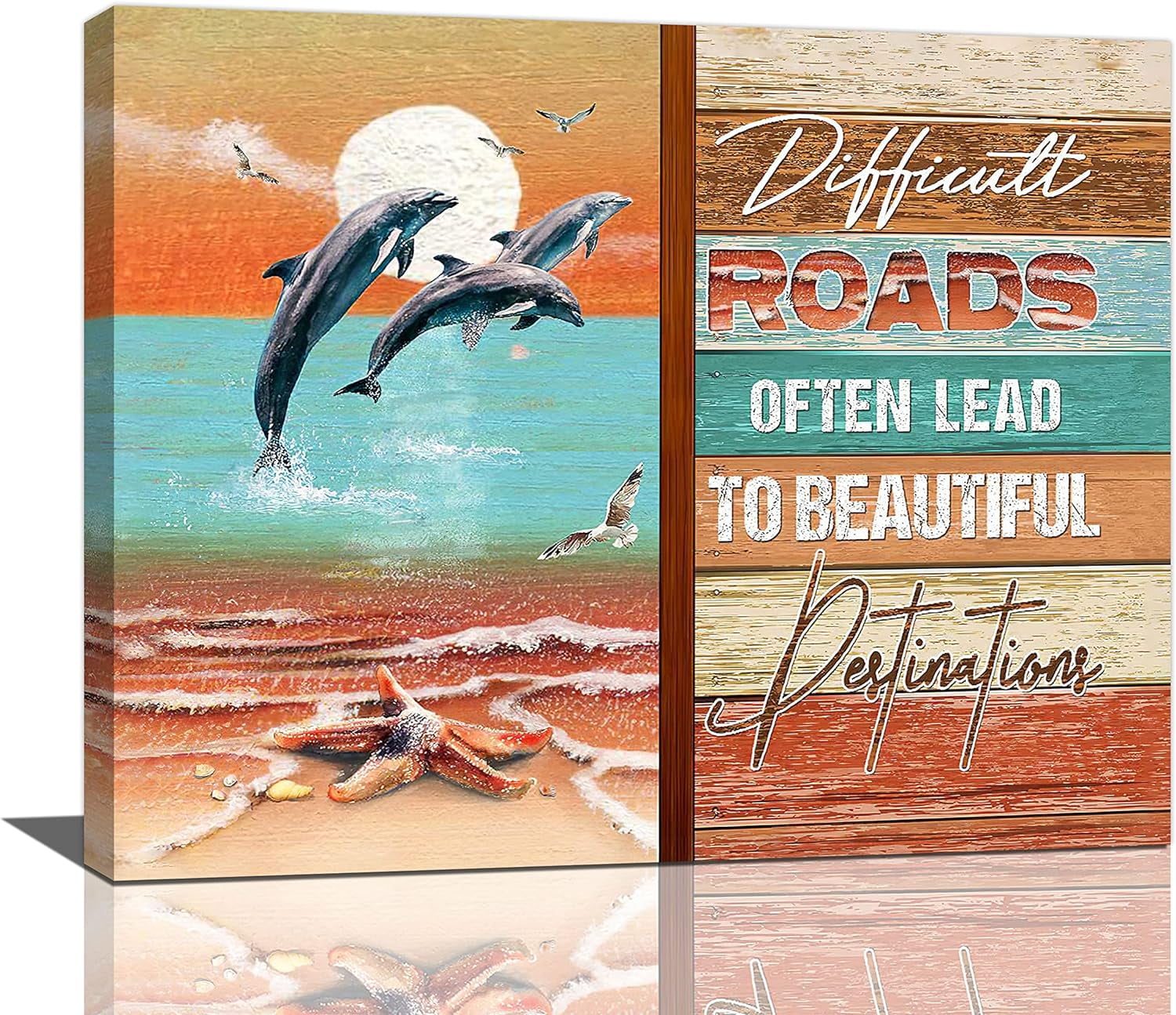 LH137HB-Beach Dolphins Decor Wall Art Coastal Dolphin Sunrise Pictures Wall Decor Inspirational ...