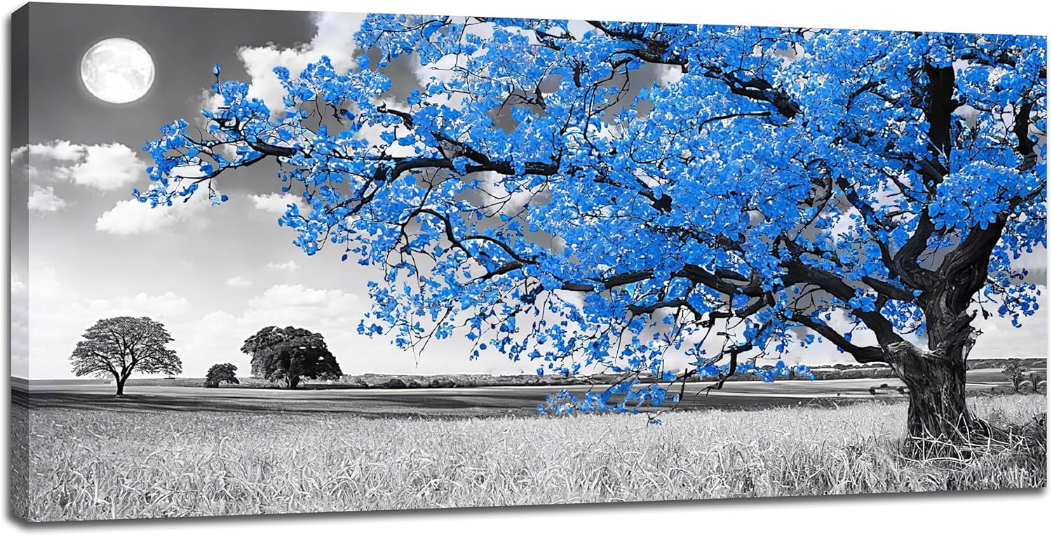 LH137HB-Blue Tree Wall Art Tree of Life Moon Night Pictures Wall Decor ...