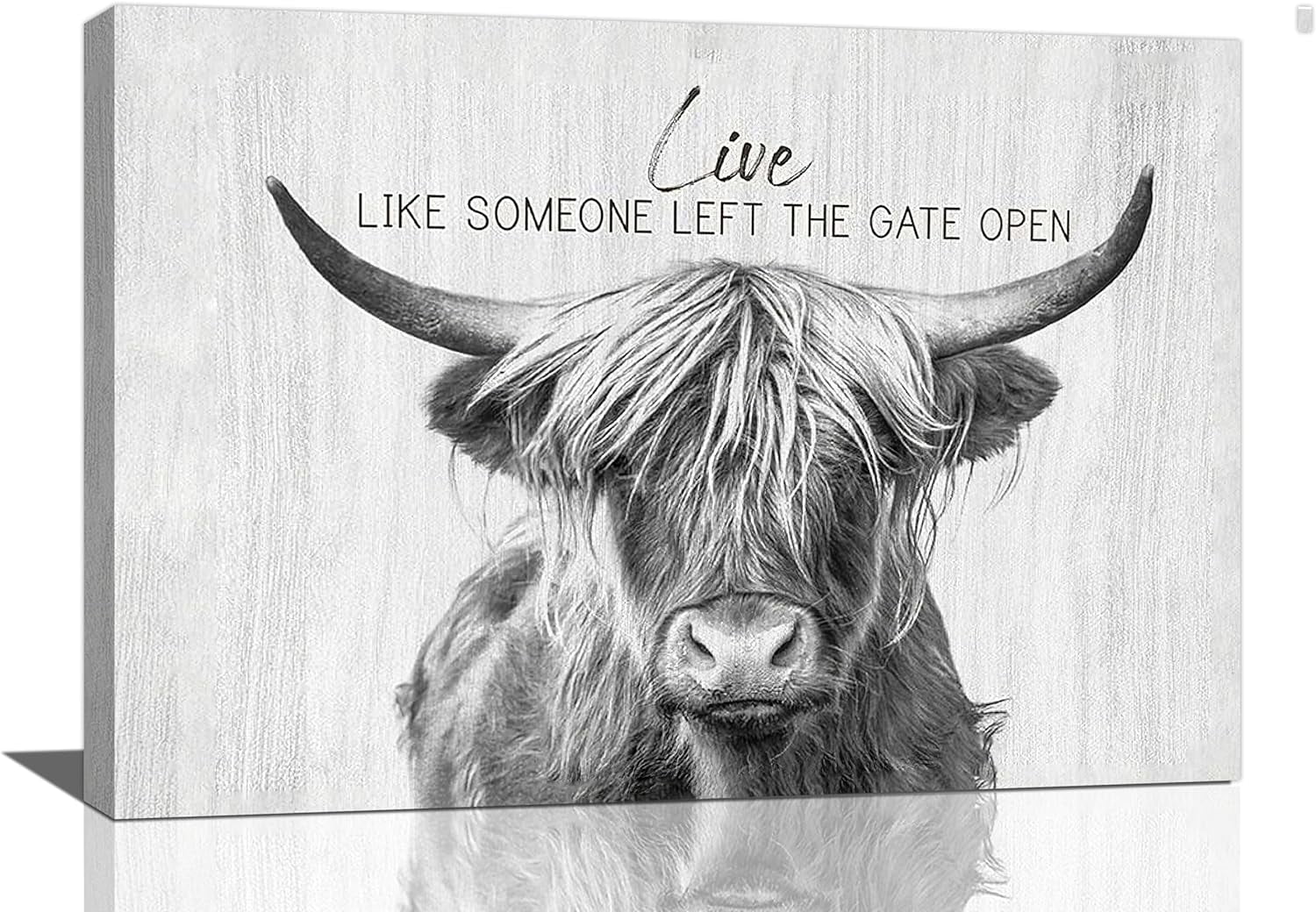 LH137HB-Farmhouse Highland Cow Wall Art Black and White Cow Bathroom Pictures Decor Rustic ...