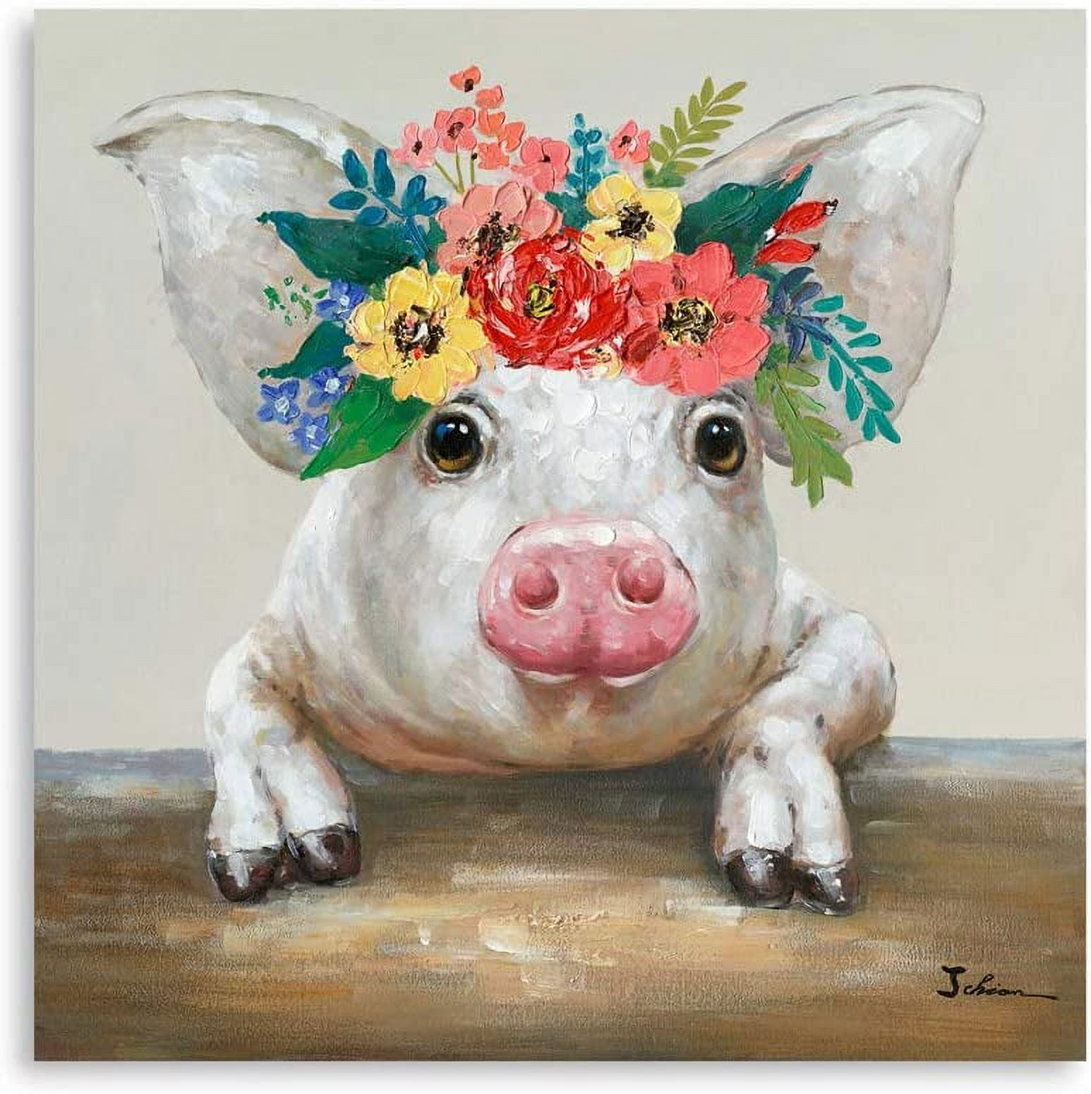 LH137HB-Pig Canvas Picture Wall Art: Rustic Pig Floral Crown Wall Decor ...