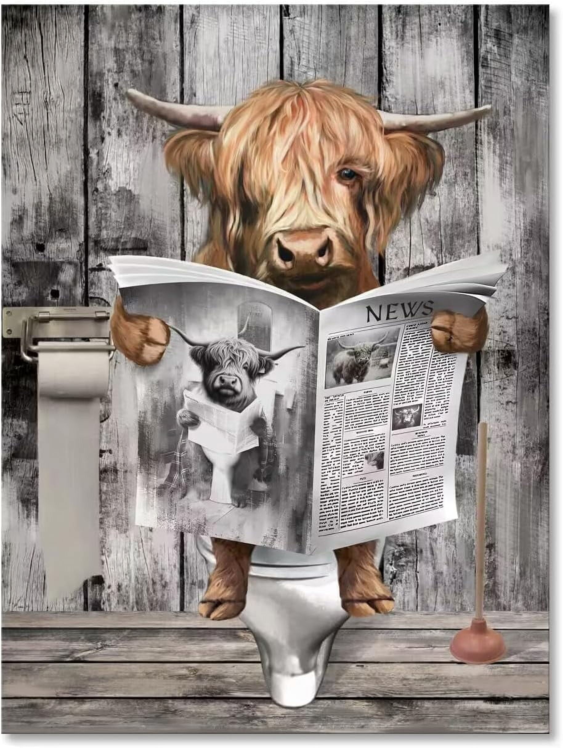LH138HB-Animal Bathroom Wall Decor Highland Cow Canvas Art Black and ...