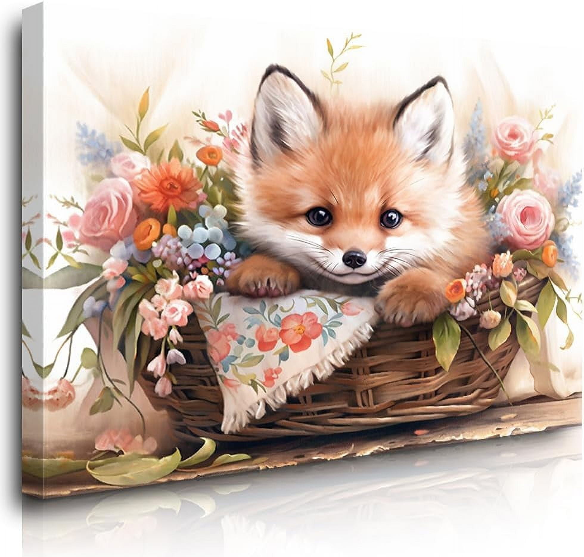 LH138HB-Baby Animal Canvas Prints Cute Fox in Wildflower Basket Wall ...