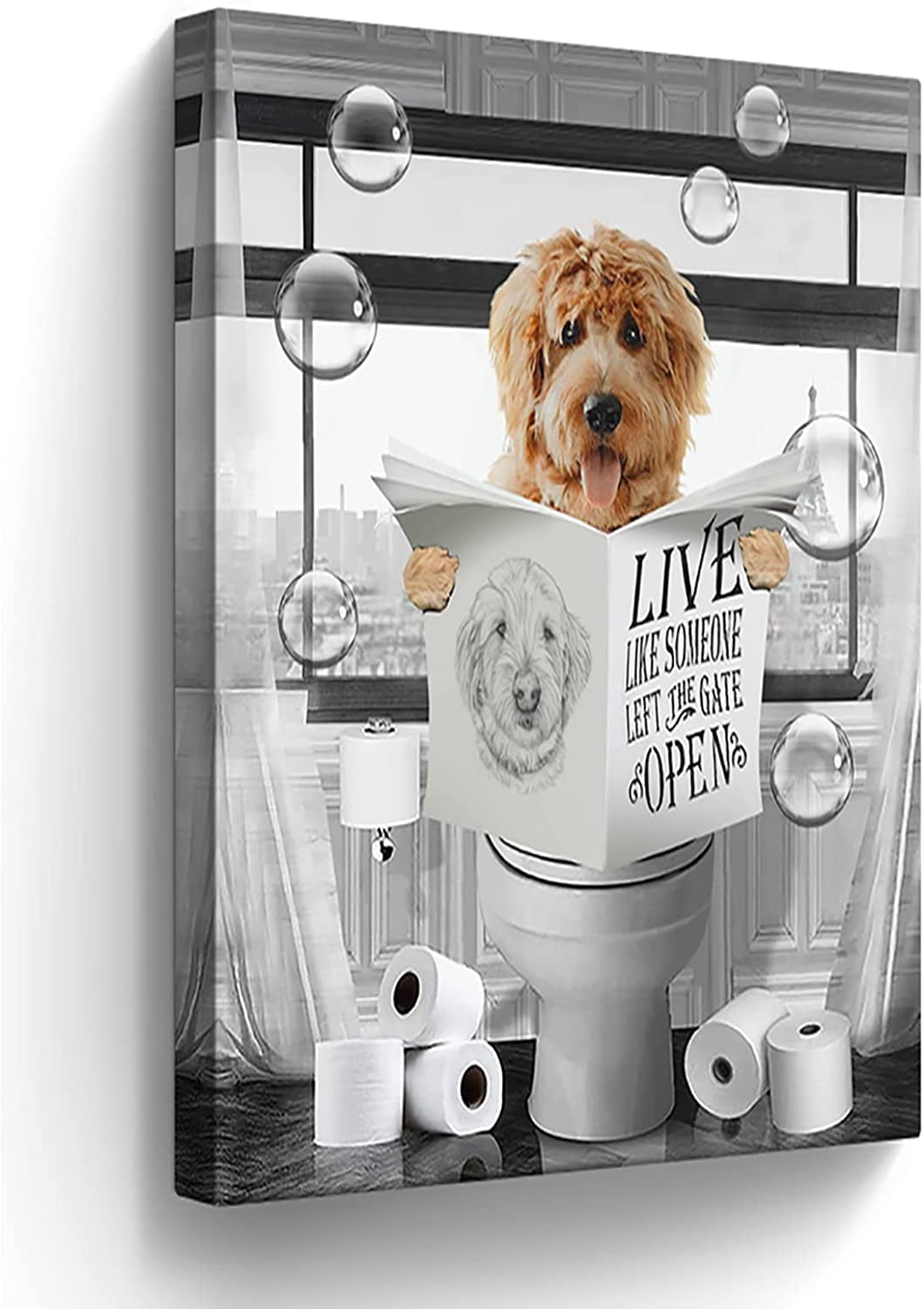 LH138HB-Funny Dog Sitting in Toilet Bathroom Decor Wall Art Black and ...