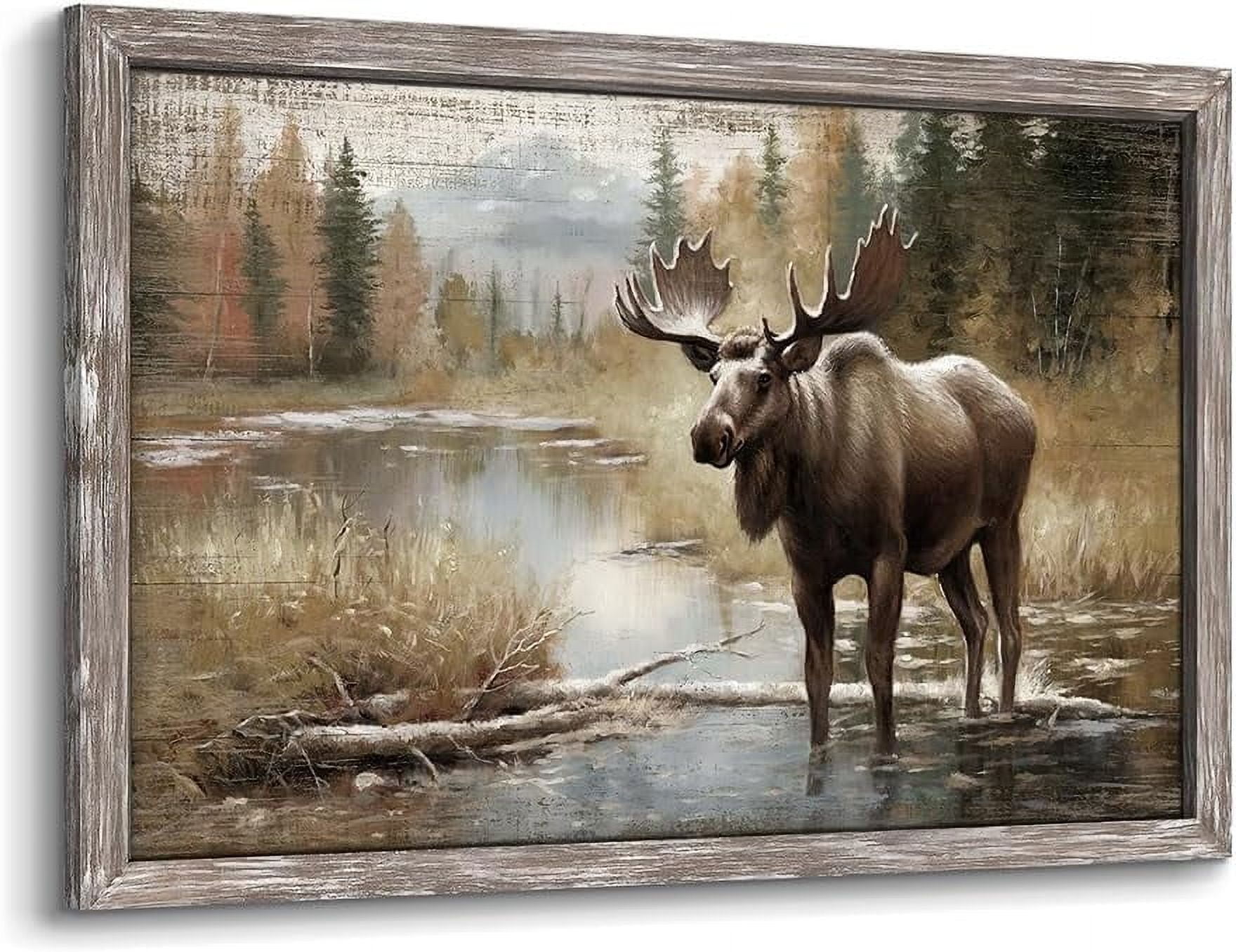 LH138HB-Widlife Wooden Wall Art: Moose in the River Picture Rustic ...