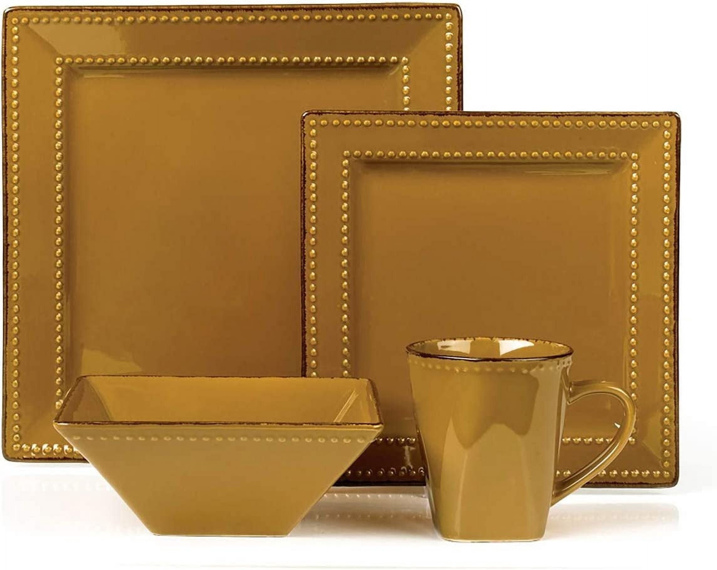LH503 16 Piece Square Beaded Stoneware Dinnerware Set44; Mocca ...