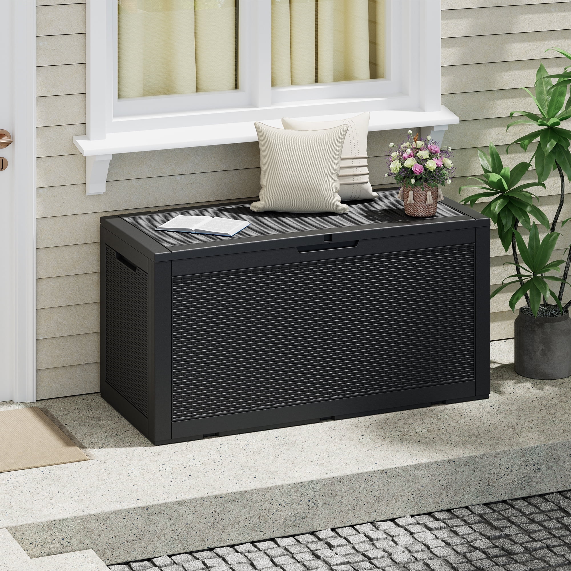 LHBCraft 100 Gallon Lockable Deck Box, Resin Outdoor Storage Container ...