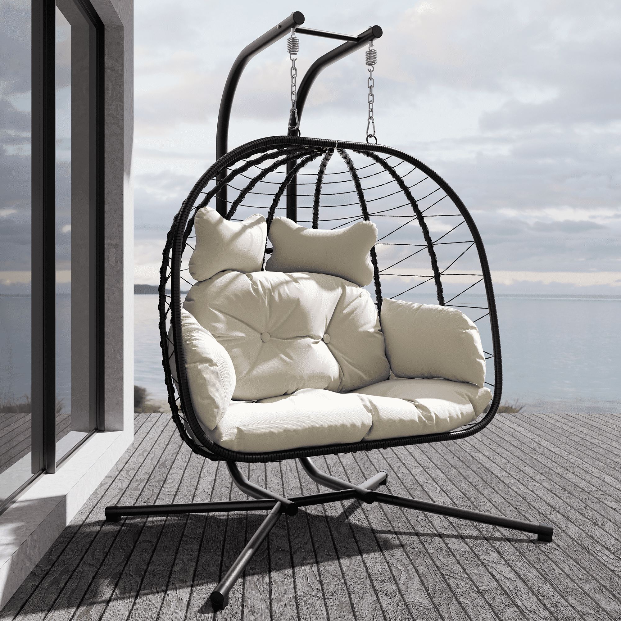 LHBcraft Outdoor Double Wicker Swing Egg Chair with Stand, UV Resistant ...