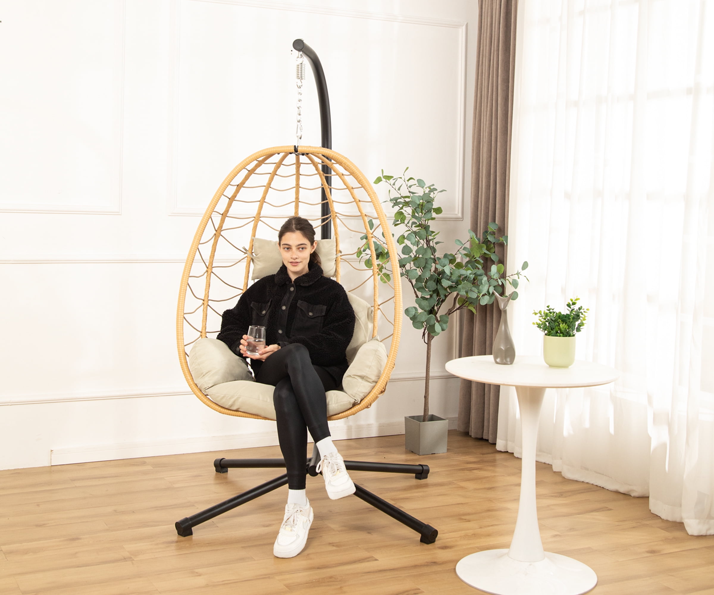 LHBcraft Indoor/Outdoor Wicker Swing Egg Chair with Stand & Cushion, UV ...
