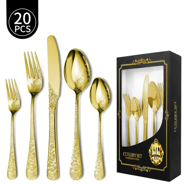 LHCER 20PCS Gold Silverware Set Service for 4, Stainless Steel Titanium ...
