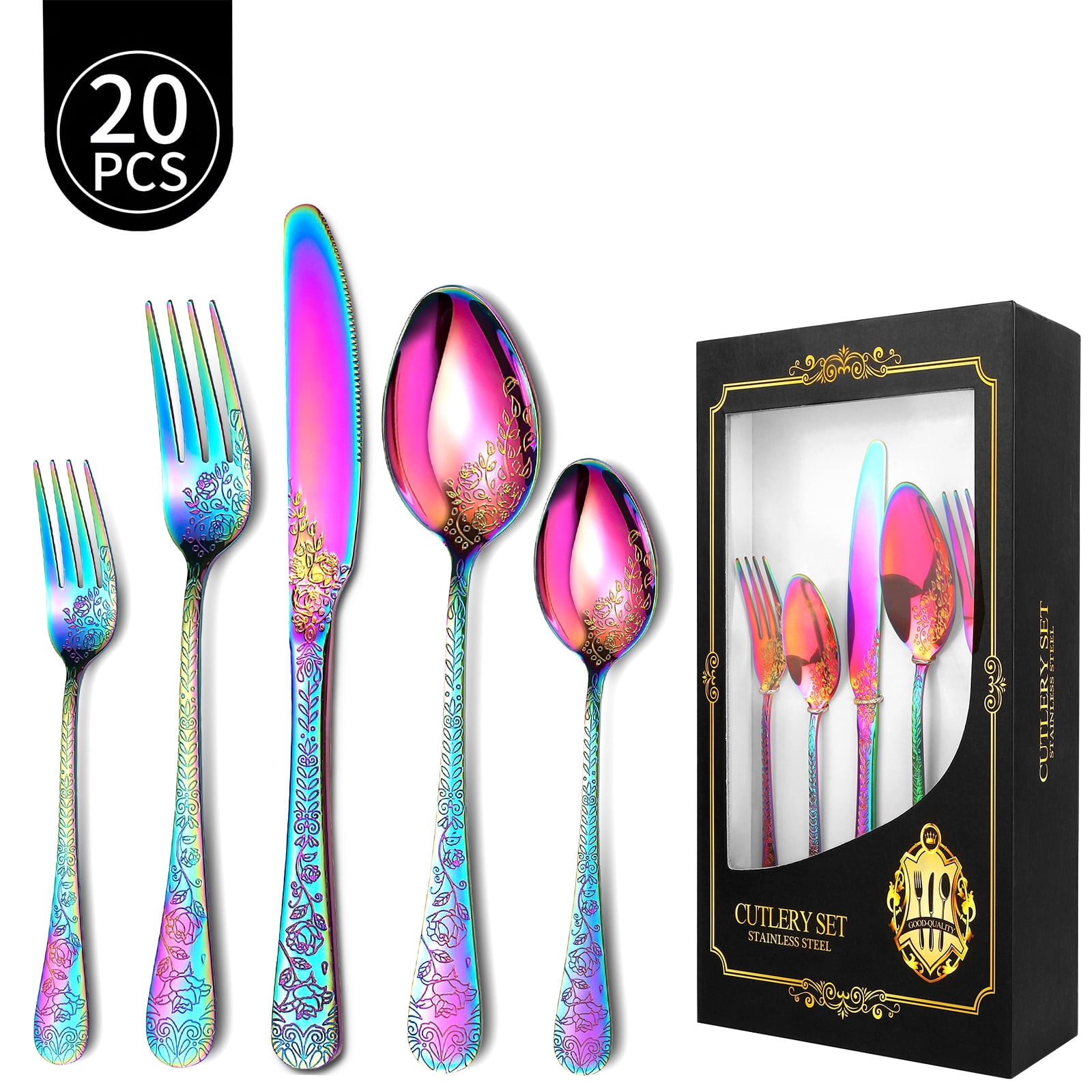 LHCER 20PCS Rainbow Silverware Set, Stainless Steel Titanium Plating ...