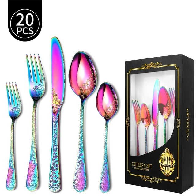 LHCER 20PCS Rainbow Silverware Set, Stainless Steel Titanium Plating ...