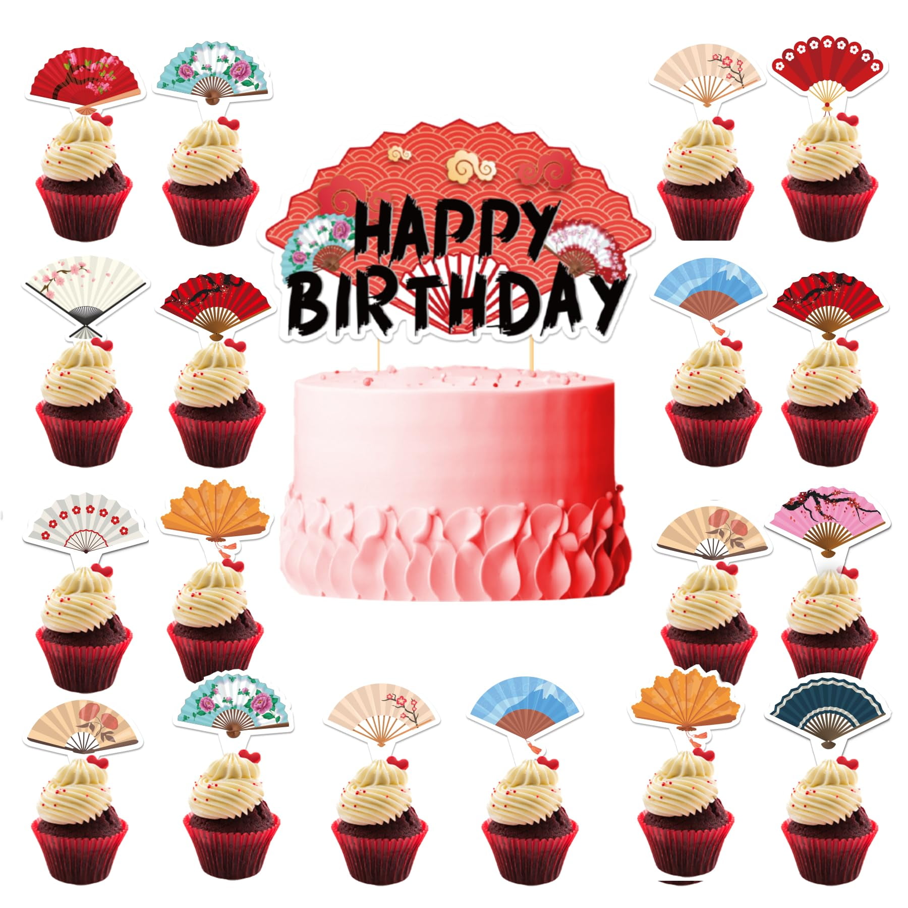 LHDUOFA 25pcs Folding Fans Cake Topper, Premium Cardboard Cupcake ...