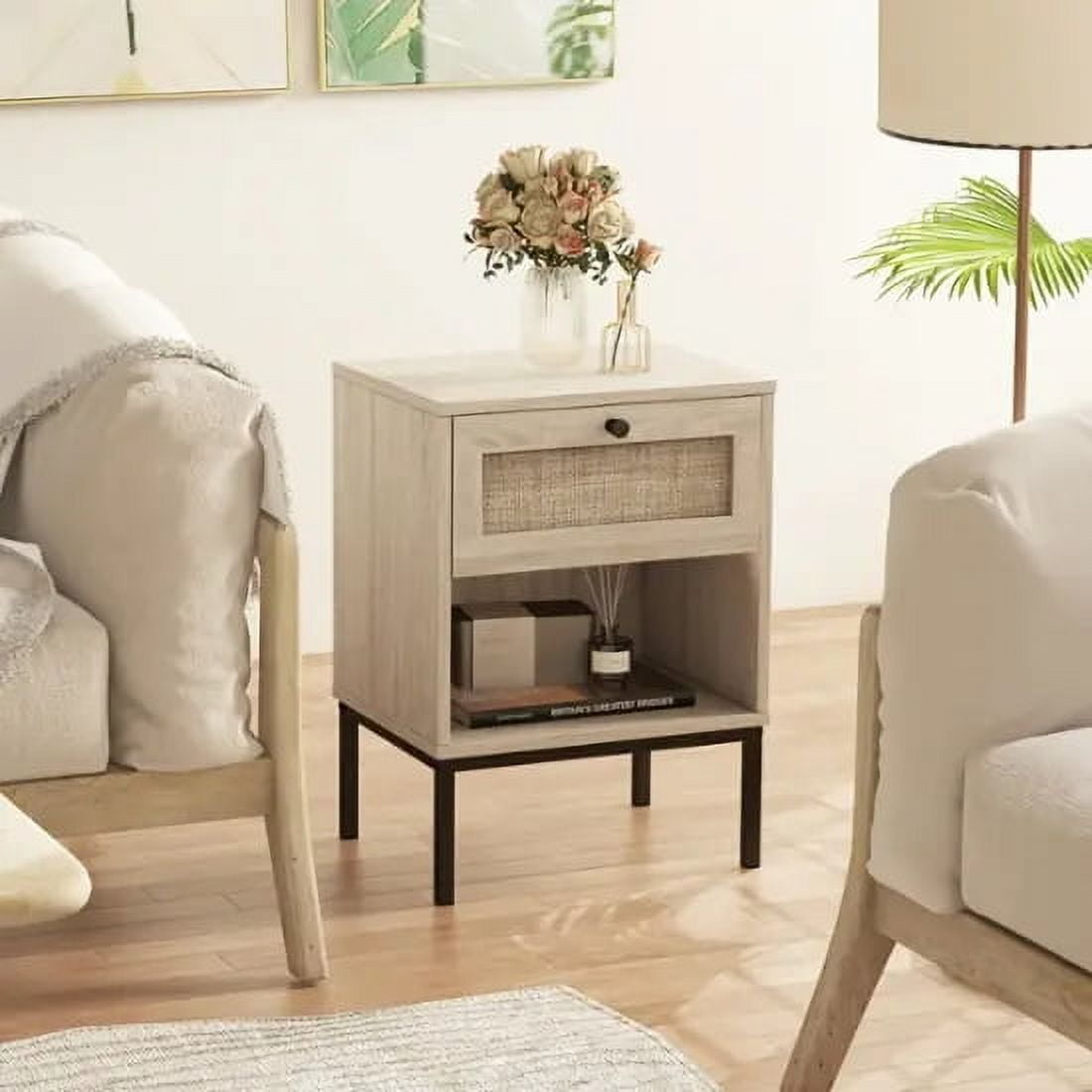 LHN Oak-Colored Rattan Bedside Table, Suitable For Living Room And ...