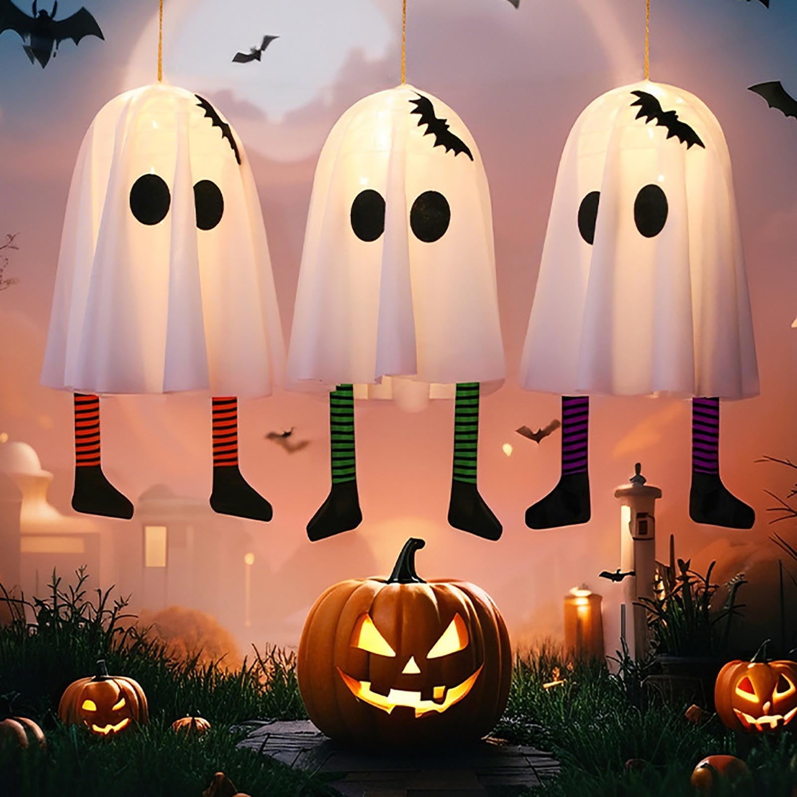 LHNFT 3Pack Halloween Hanging Ghosts with Bat Striped Stockings Ghost ...