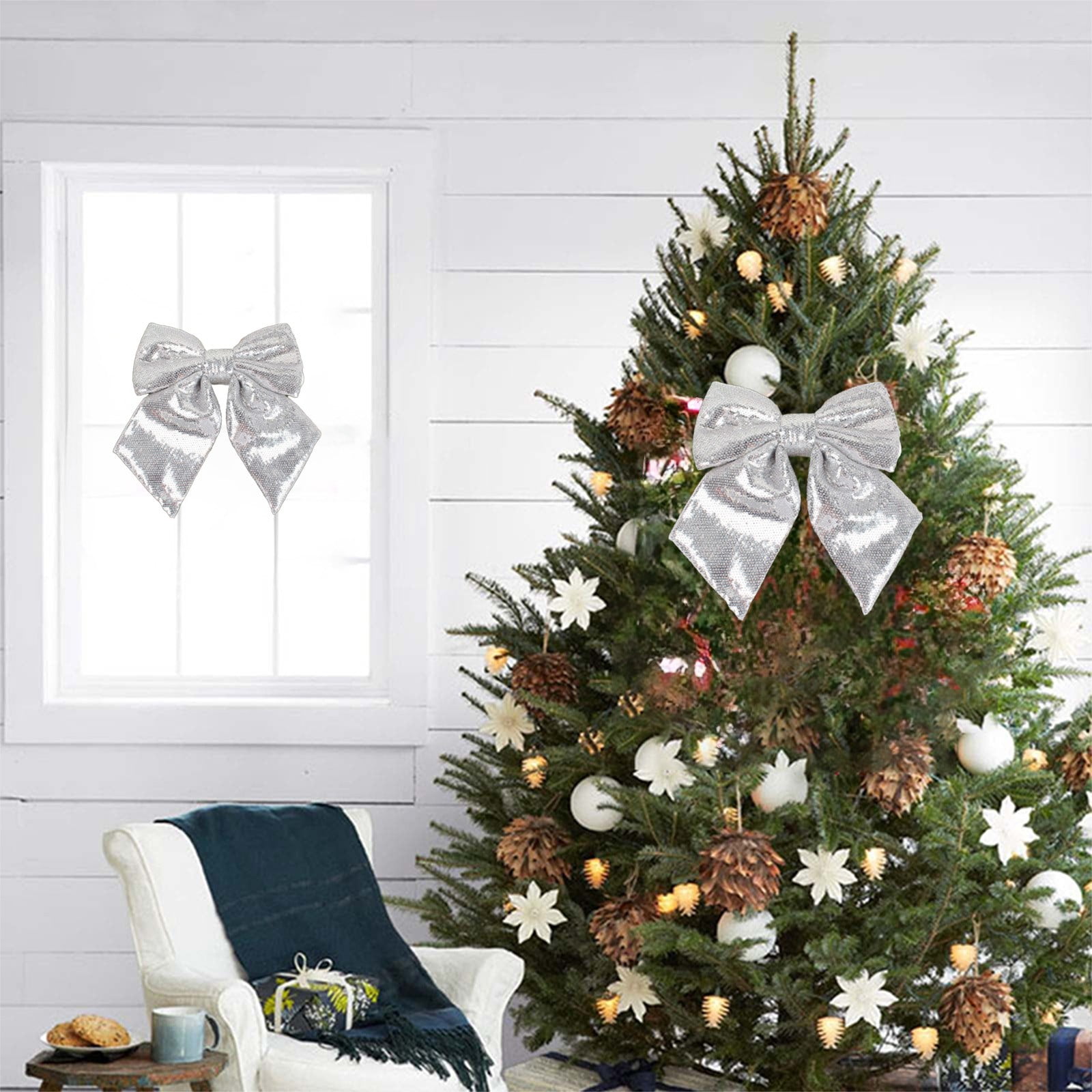 LHNFT Christmas Sequined Bow Glitter Bow Tie Christmas Tree Accessories ...
