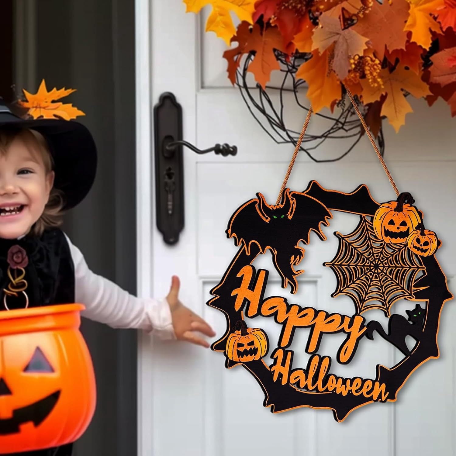 LHNFT Halloween Door Decoration, Wooden Pumpkin Sign for Front Door ...