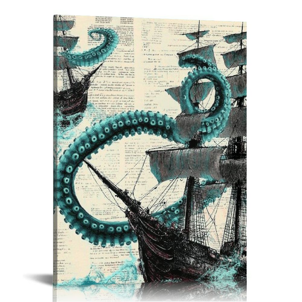 LHONGY Art Poster - Giant Octopus and Broken Ship Print - Tentacle Art ...