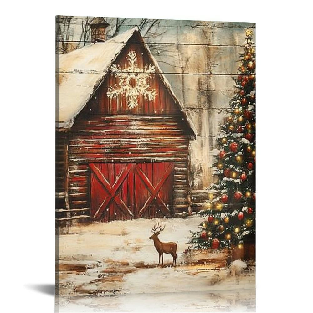LHONGY Barn Wall Art Christmas Decor Rustic Country Winter Scene ...
