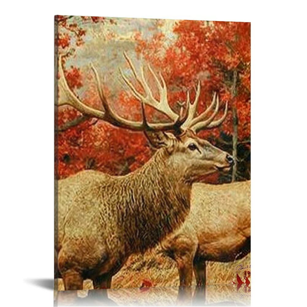 LHONGY Cabin Pictures Wall Decor Deer Elk Animal in Forest Canvas ...