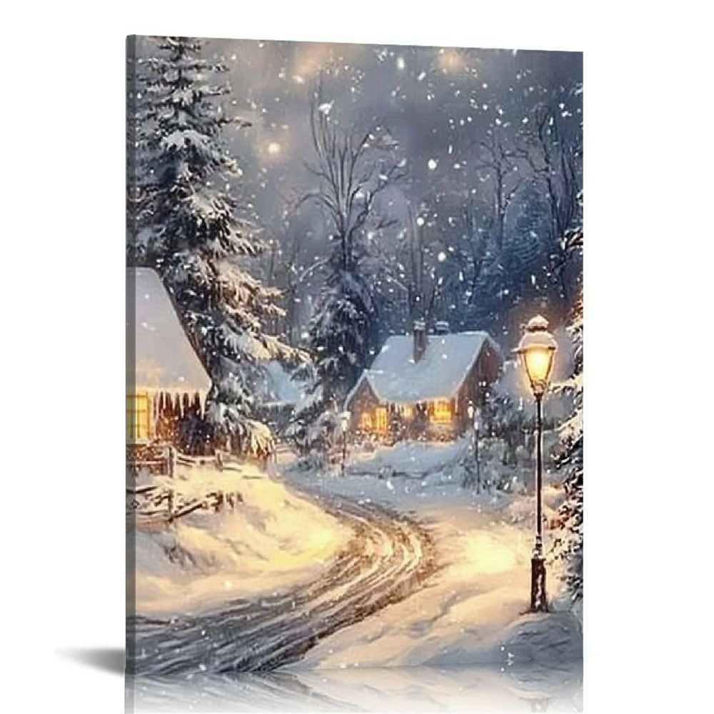 LHONGY Christmas Canvas Wall Art, Snow Covered Winter Village Night ...