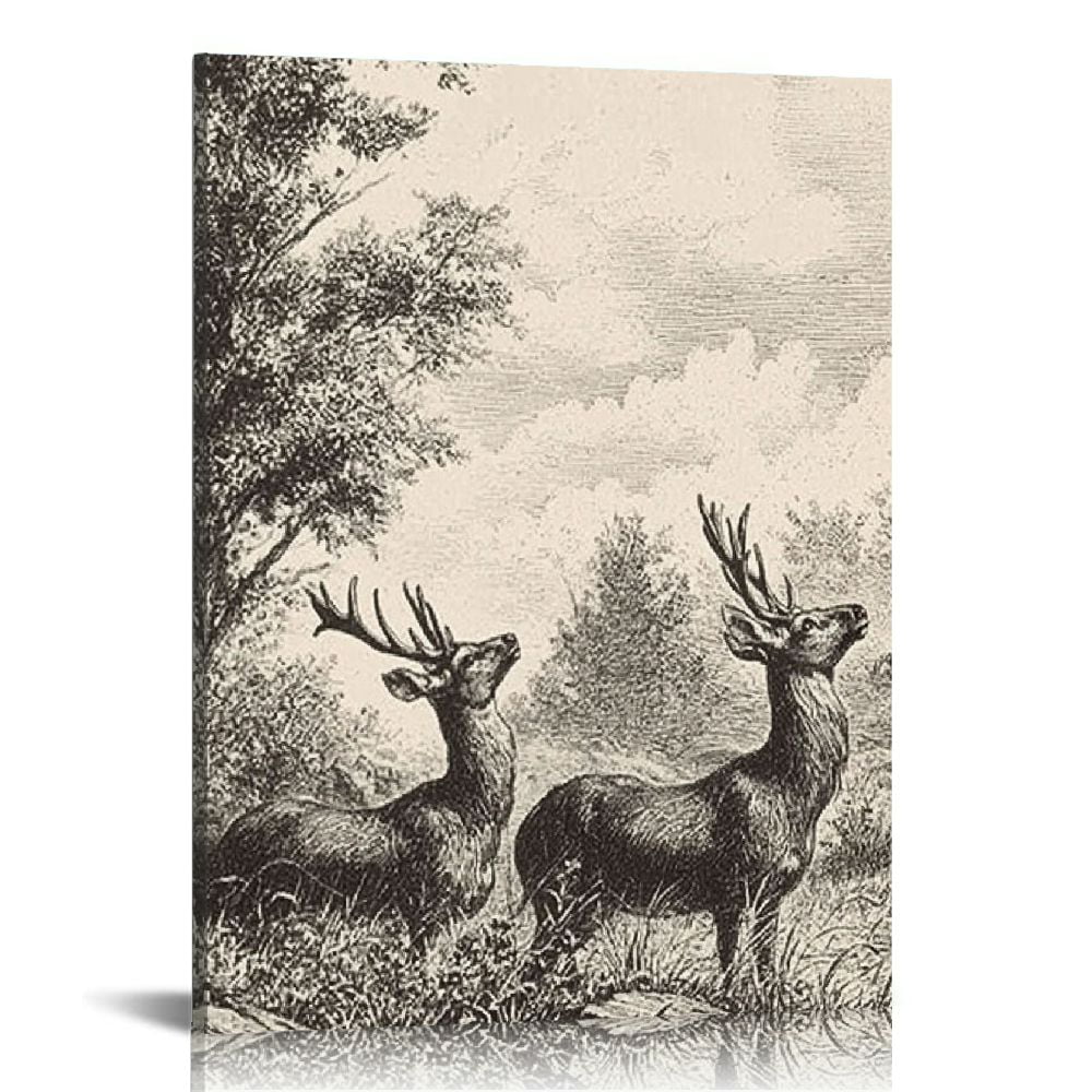 LHONGY Cute Deer Art Print Poster - Deer in the Forest Trees Drawing ...
