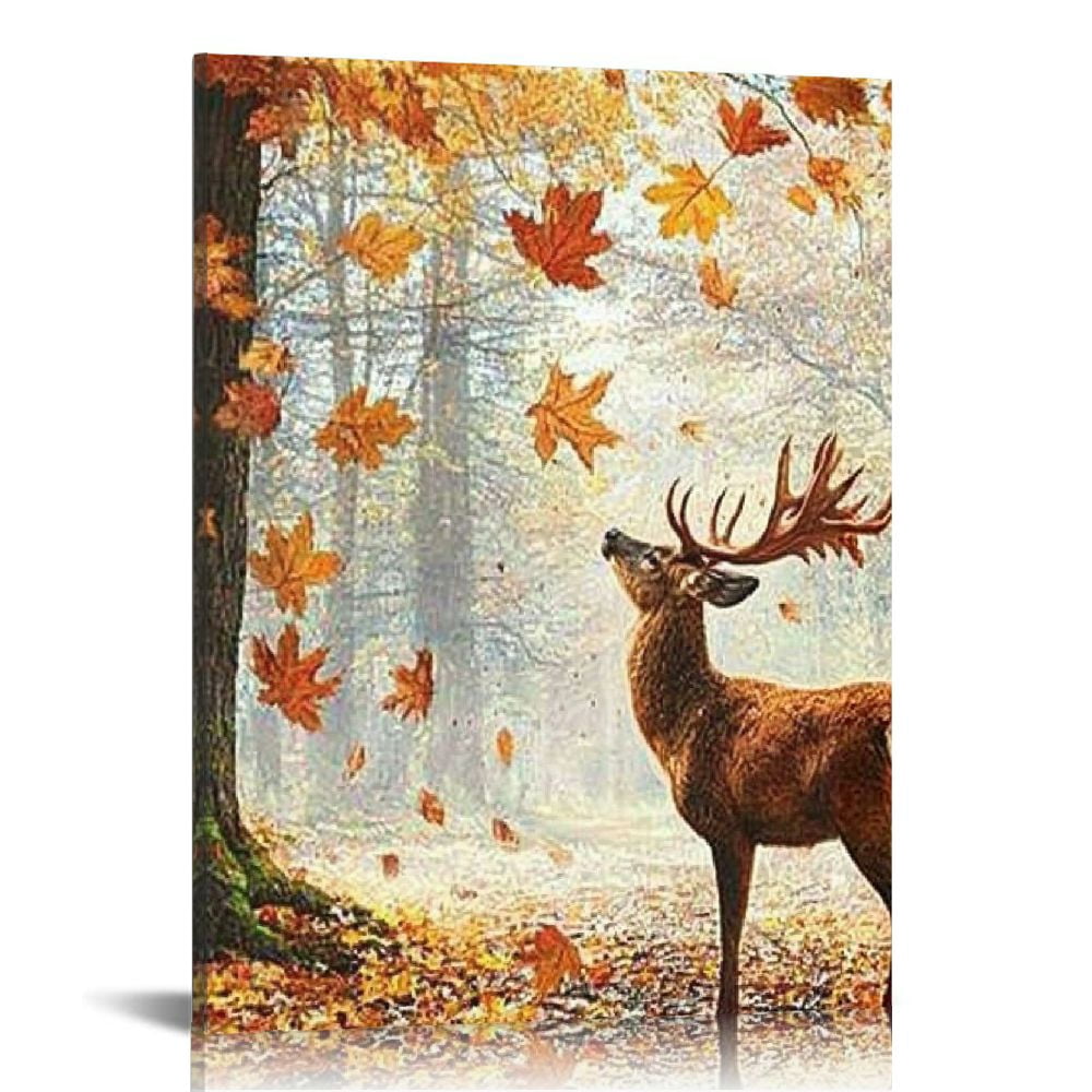 LHONGY Deer Autumn Forest Wall Art for Living Room, Beautiful Sika Wild ...