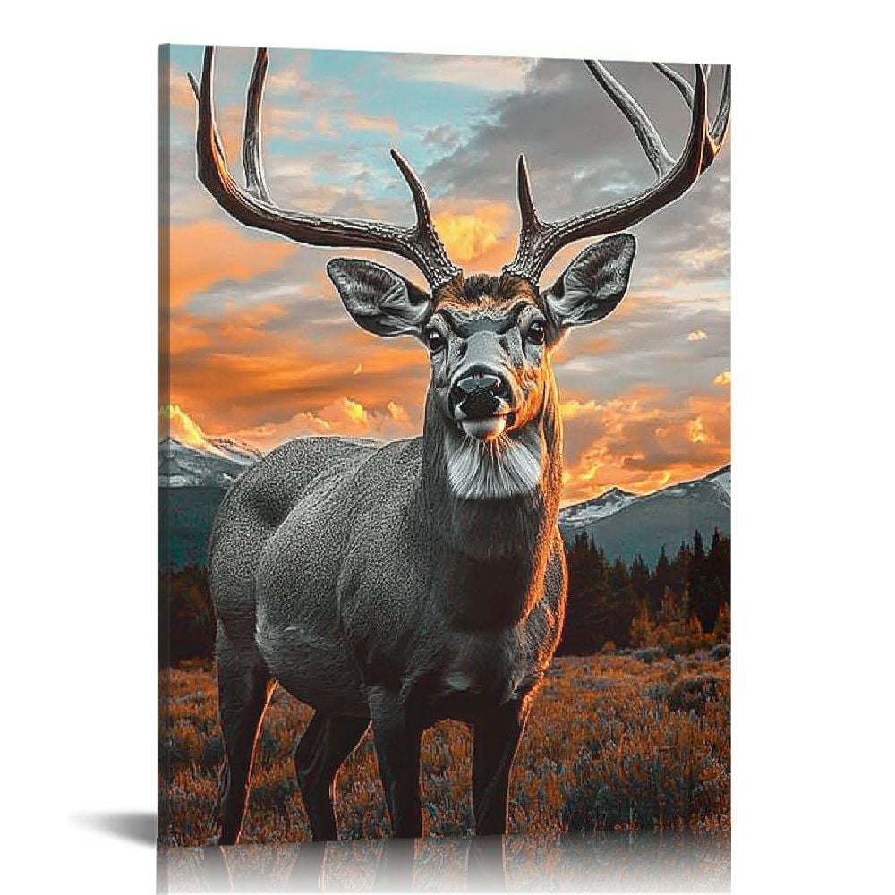 LHONGY Deer Sunset Mountain Canvas Wall Art Black and White Animal Elk ...