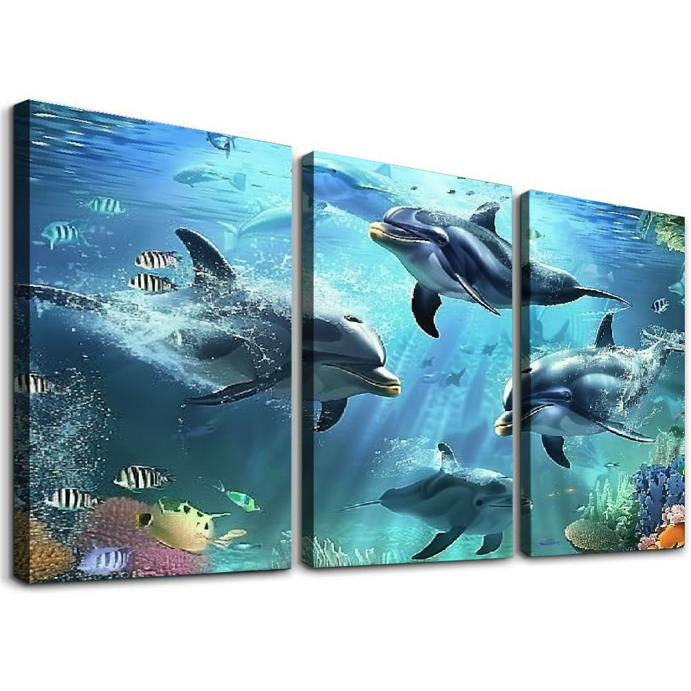 LHONGY Dolphins, Ocean, Fish Wall Art Decoration Paintings 12x16in x3 ...