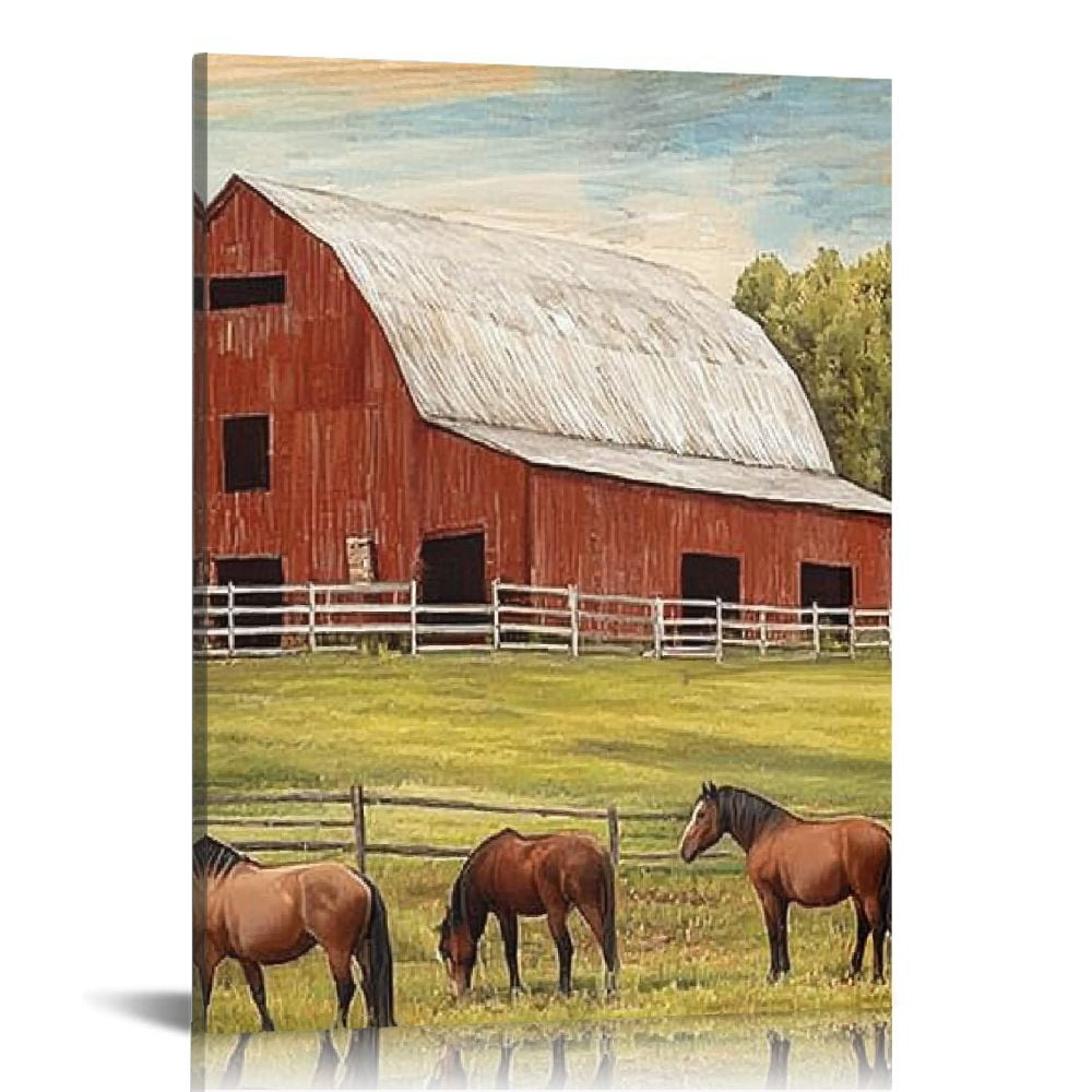 LHONGY Farmhouse Wall Art : Rustic Landscape Picture Old Country Barn ...