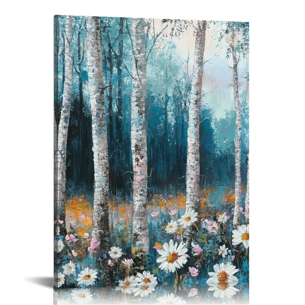 LHONGY Green Tree Canvas Wall Art Forest Landscape Picture Modern Birch ...